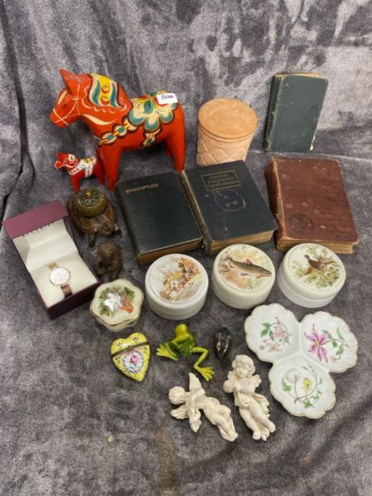 A quantity of bric-a-brac including relish jars, antique literature ...