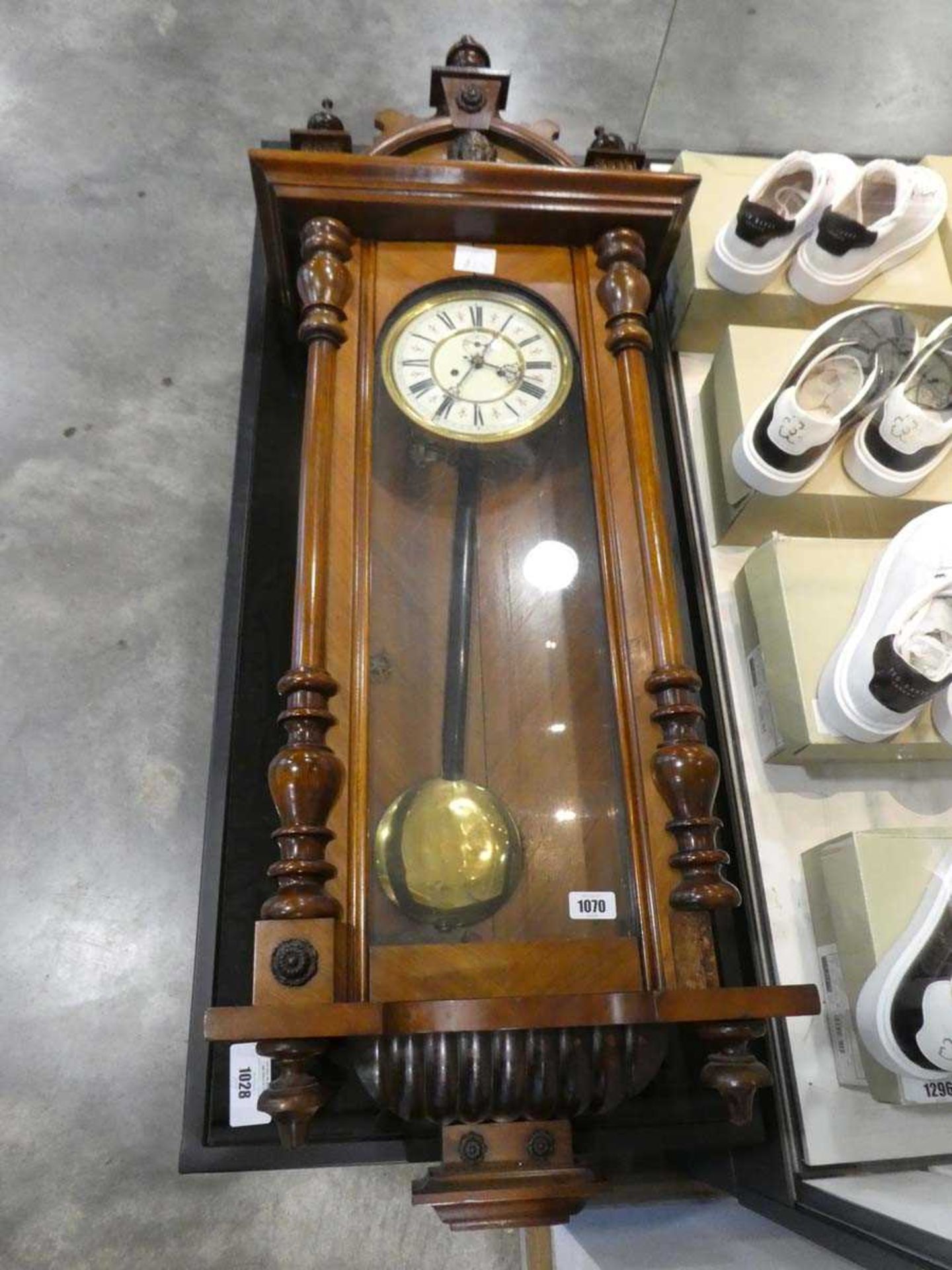 Mahogany cased wall clock with pendulum and weights and decorative ...