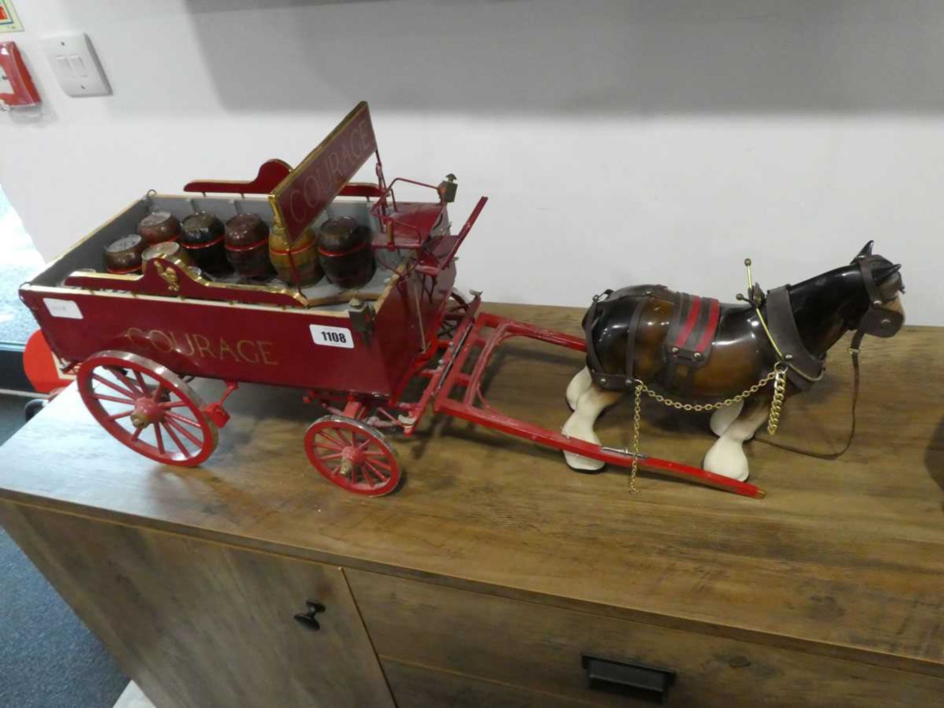 Ceramic Shire horse pulling a Courage cart with associated ale barrels ...