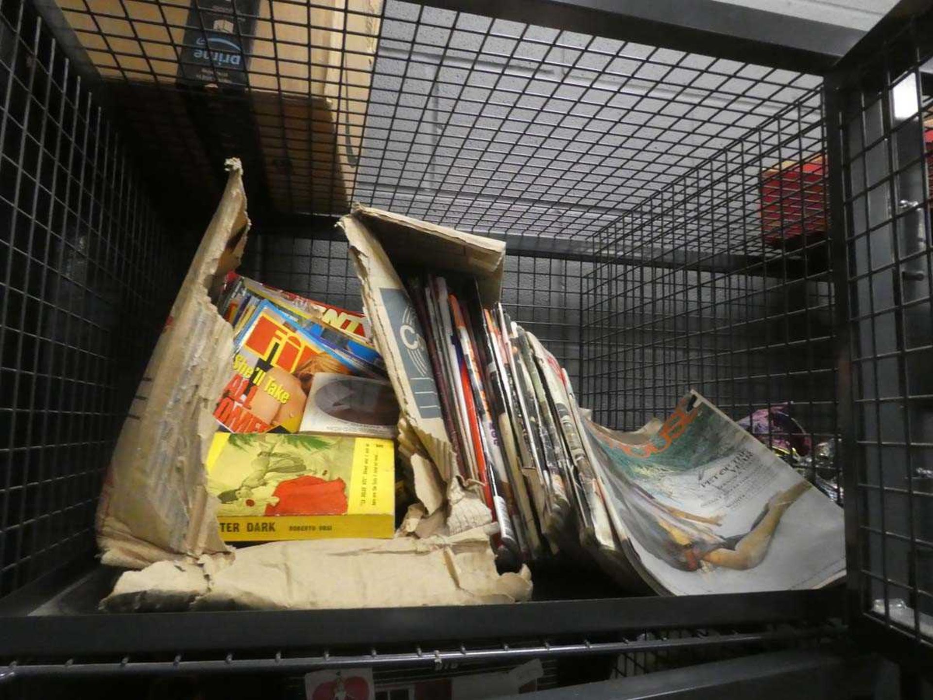 Cage containing adult magazines