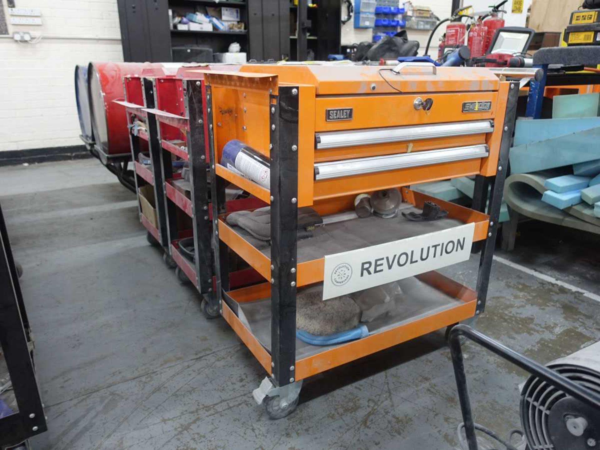 +VAT Three steel work trolleys with drawered toolboxes and contents
