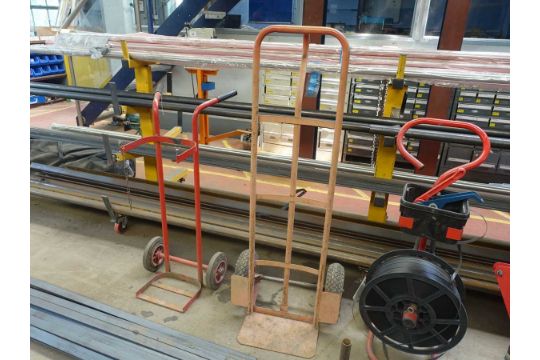 +VAT 2 band strapping trollies, a sack barrow and a bottle trolley