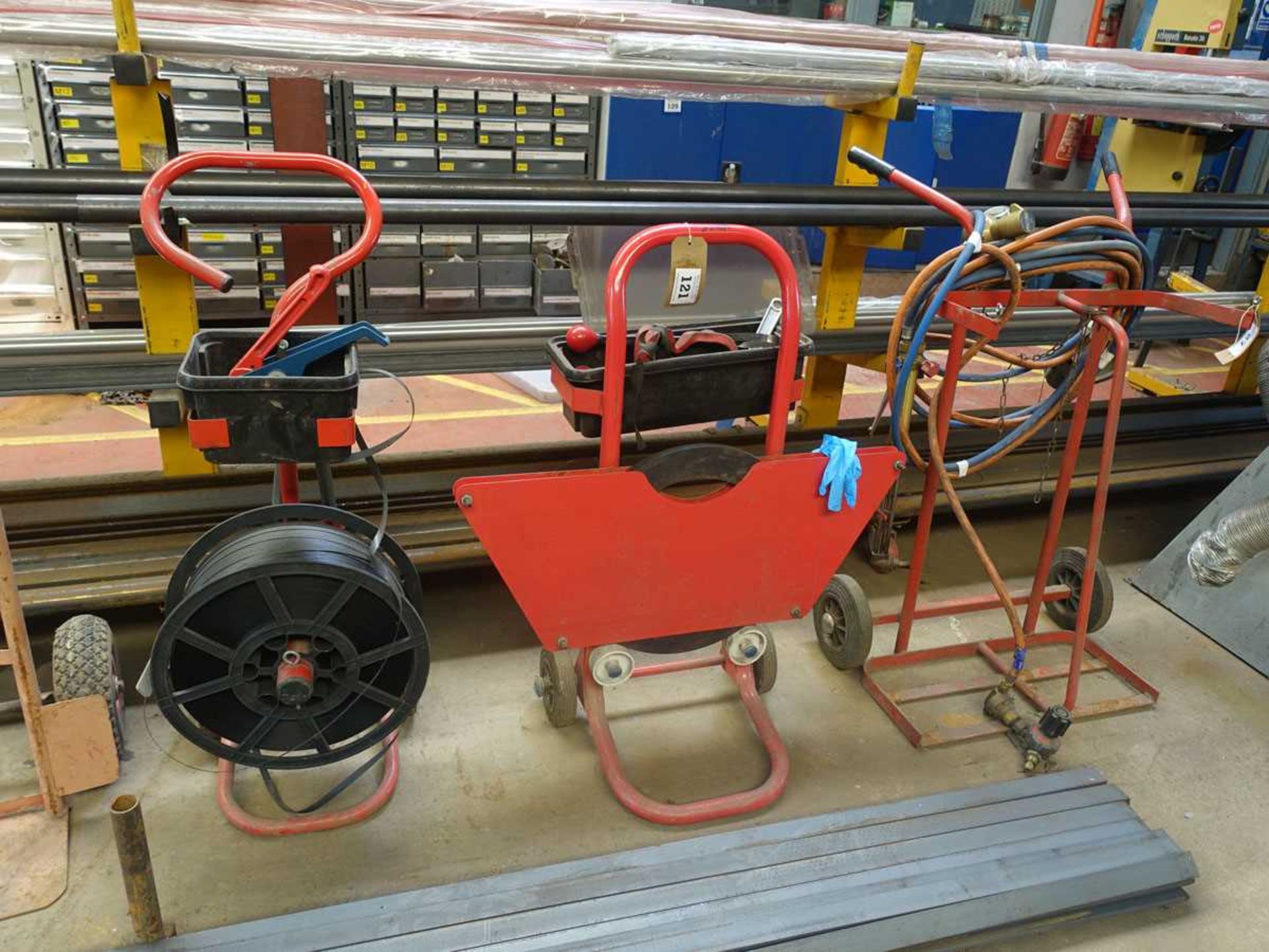 +VAT 2 band strapping trollies, a sack barrow and a bottle trolley