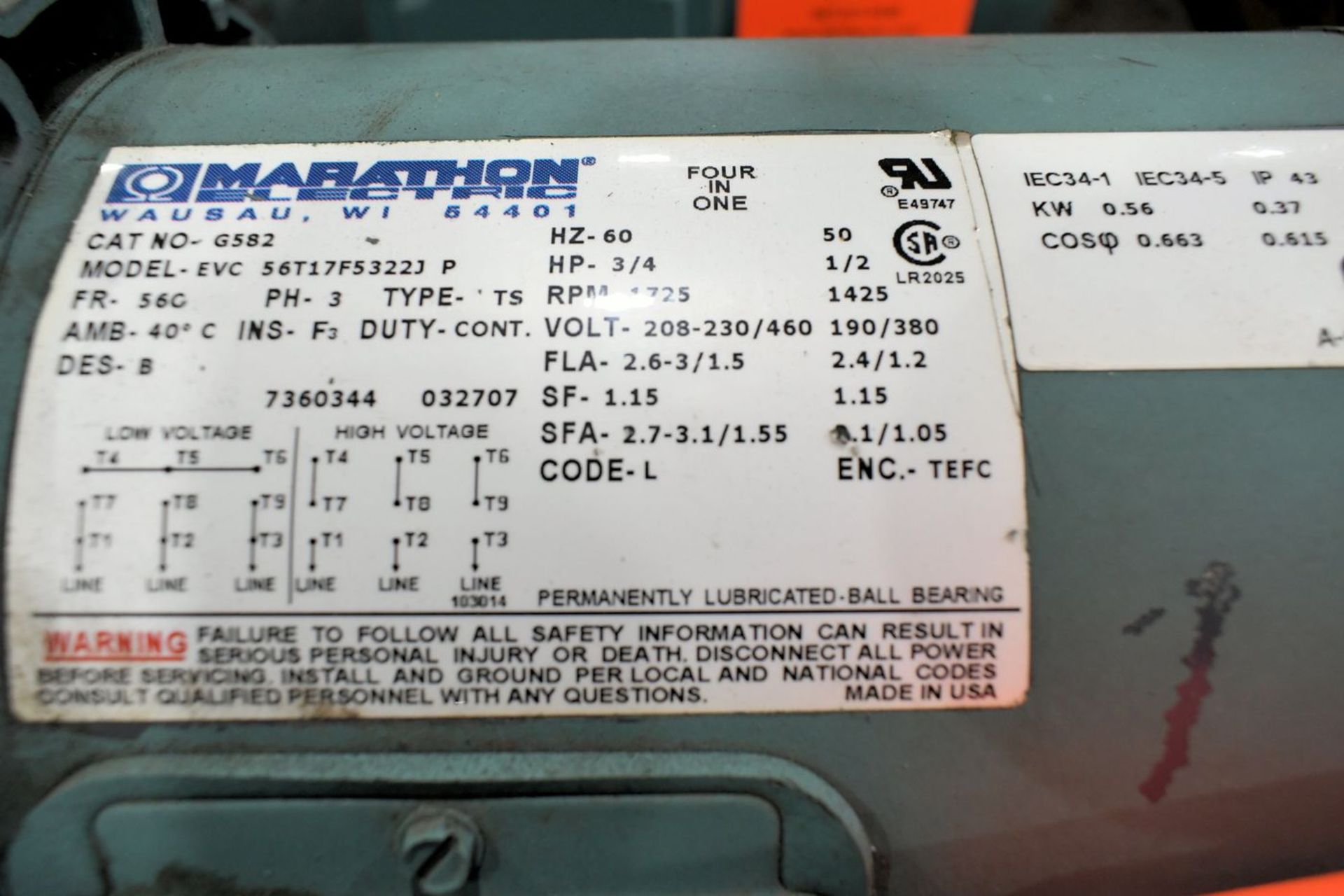 Lot - (2) Marathon Cat No. G582 3/4-HP Electric Motors; 1,725-RPM, 56C ...