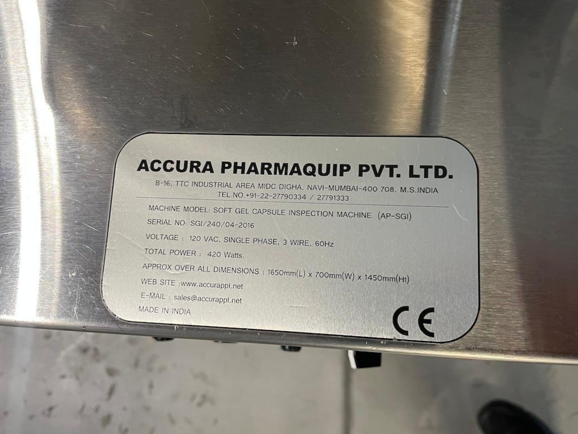 ACCURA PHARMAQUIP SOFT GEL CAPSULE INSPECTION MACHINE AP-SGI, SN SGI ...