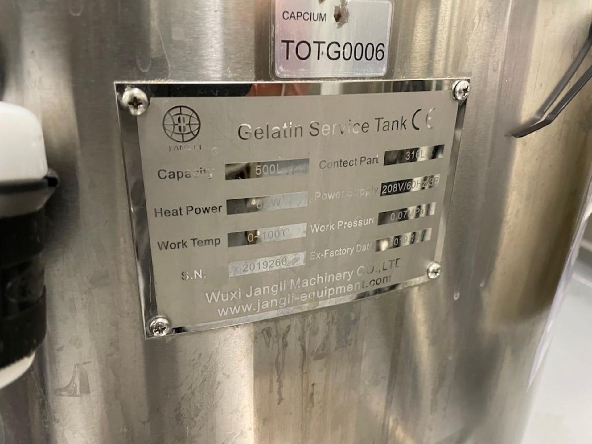 2019 GELATIN SERVICE TANK, PORTABLE, 500L CAPACITY, 316L STAINLESS ...