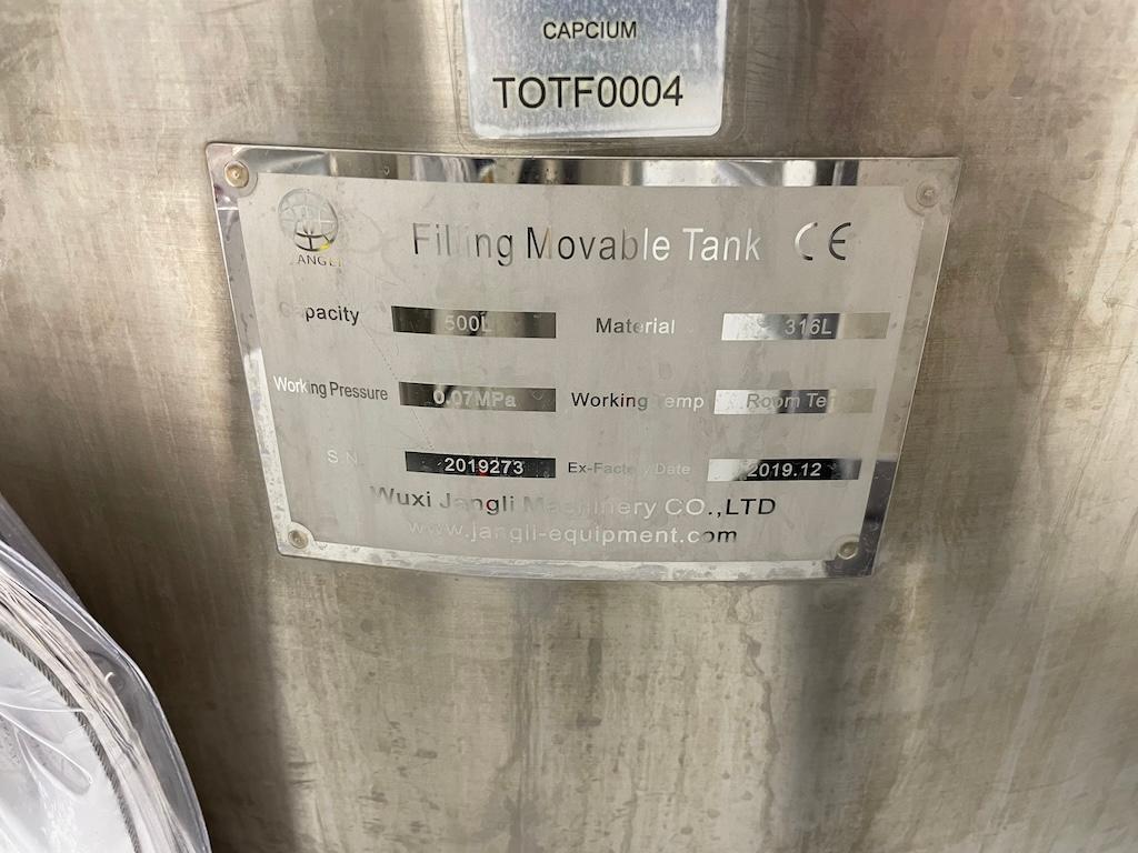 2019 GELATIN SERVICE TANK, PORTABLE, 500L CAPACITY, 316L STAINLESS ...