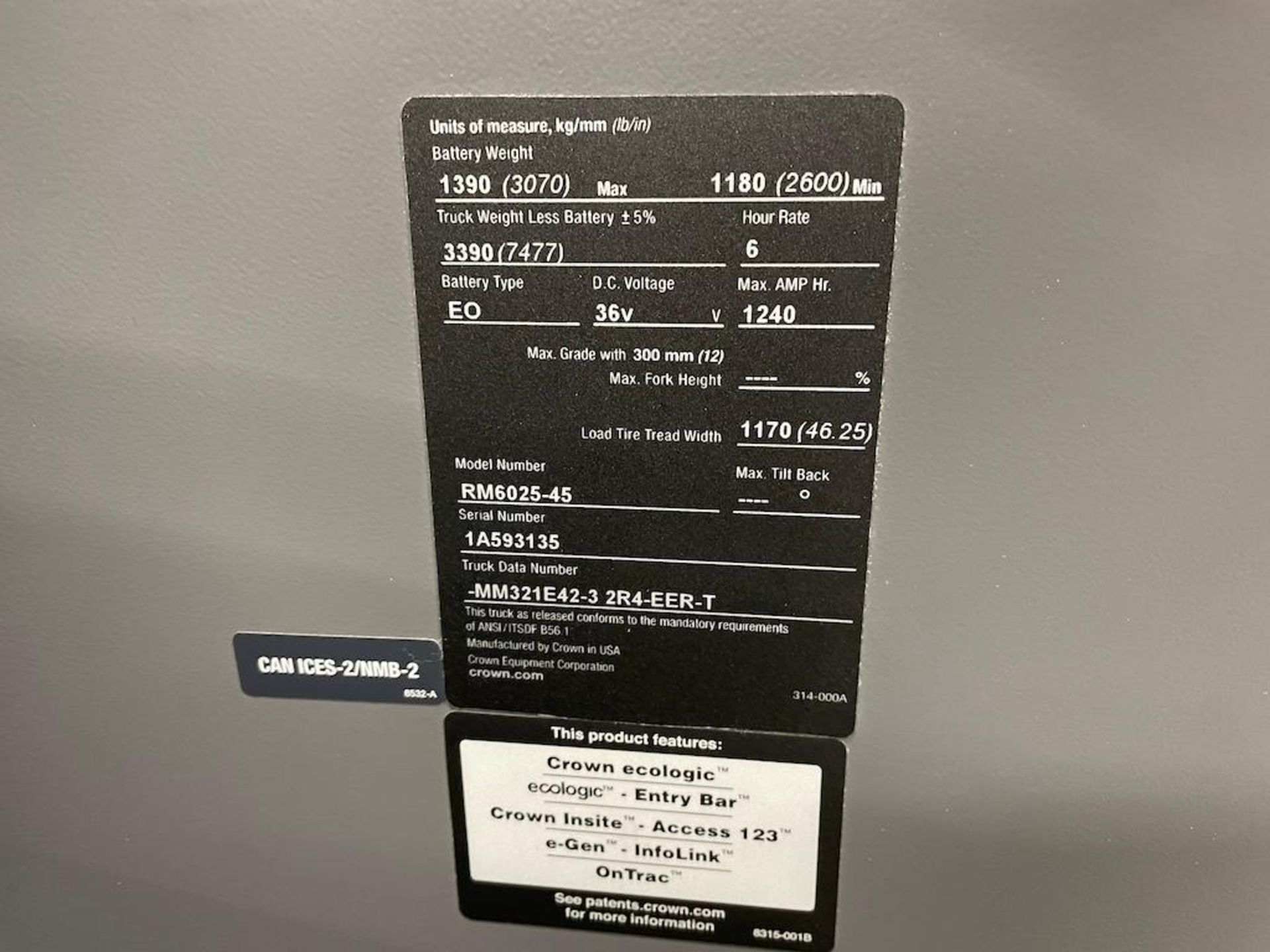 CROWN ELECTRIC REACH TRUCK 4,500 LB CAP, MODEL RM6025-45, MAX LIFT ...