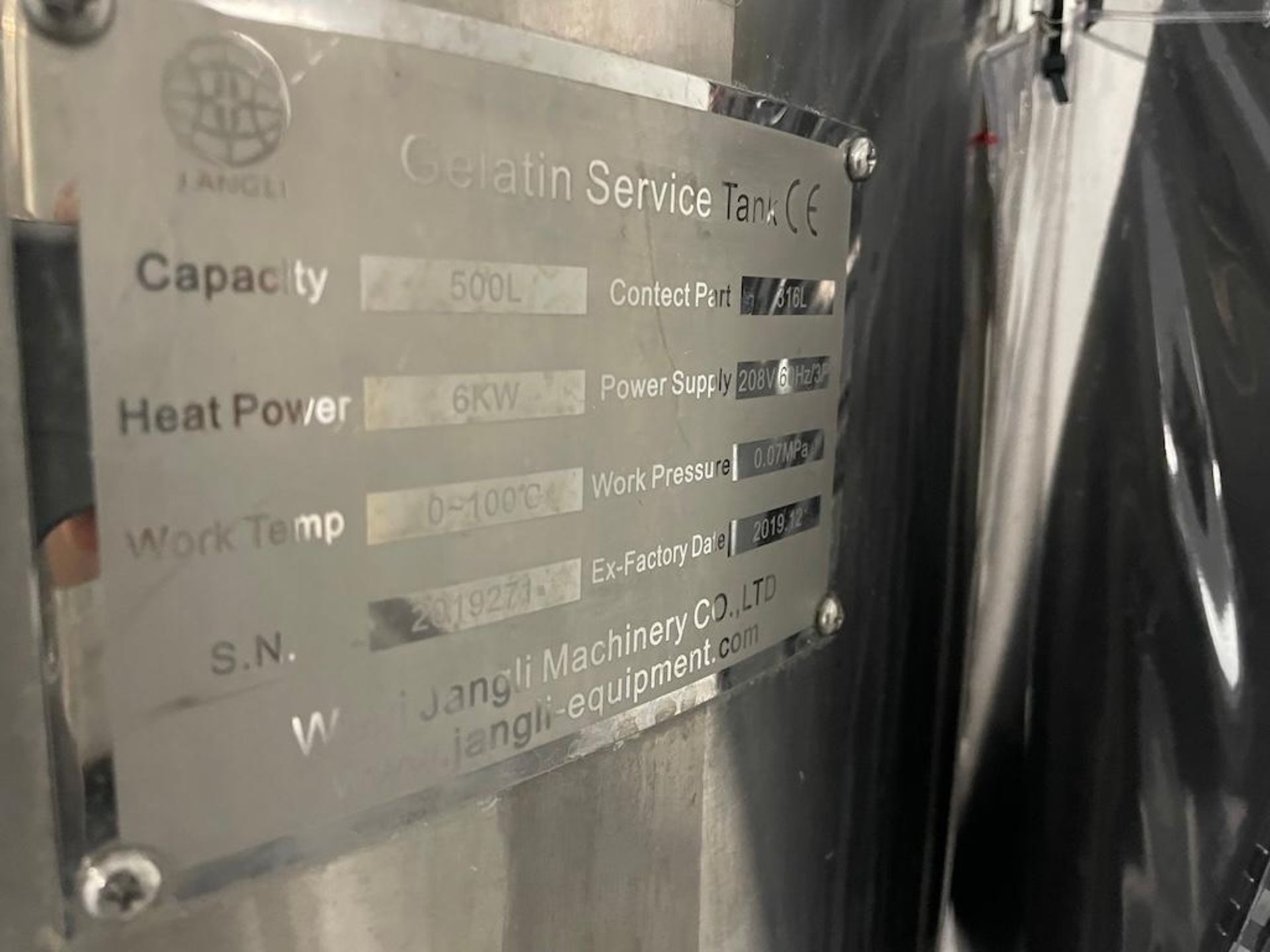2019 GELATIN SERVICE TANK, PORTABLE, 500L CAPACITY, 316L STAINLESS ...