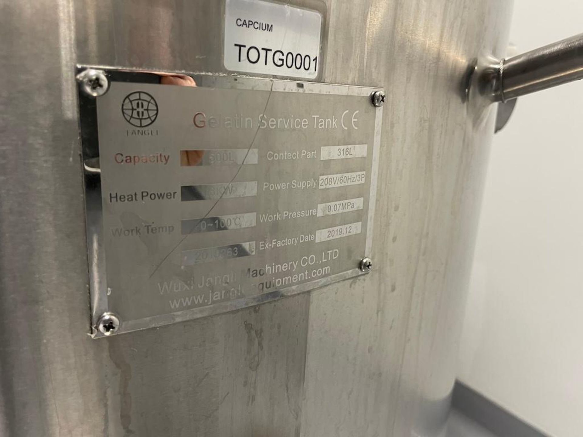 2019 GELATIN SERVICE TANK, PORTABLE, 500L CAPACITY, 316L STAINLESS ...