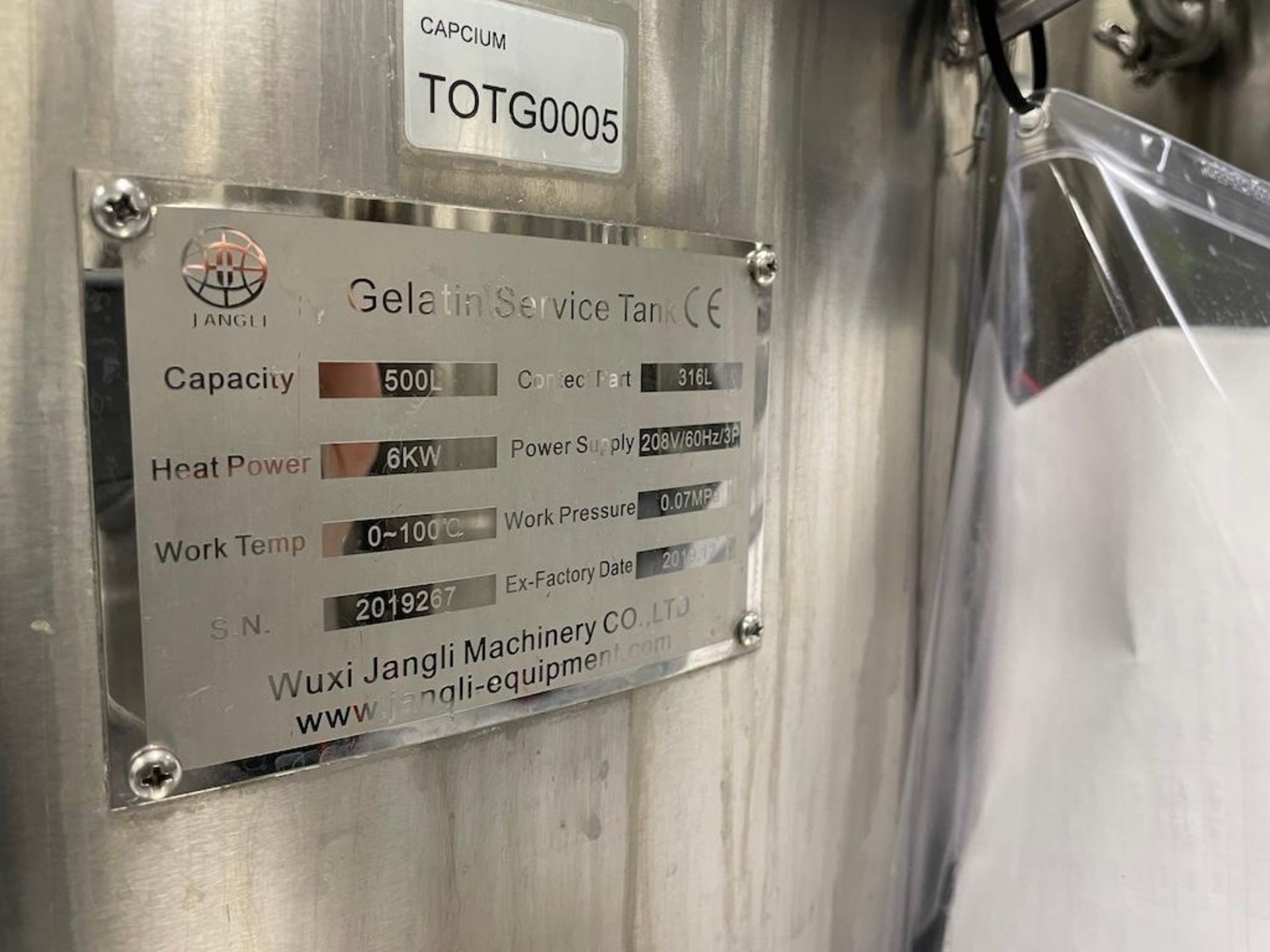 2019 GELATIN SERVICE TANK, PORTABLE, 500L CAPACITY, 316L STAINLESS ...