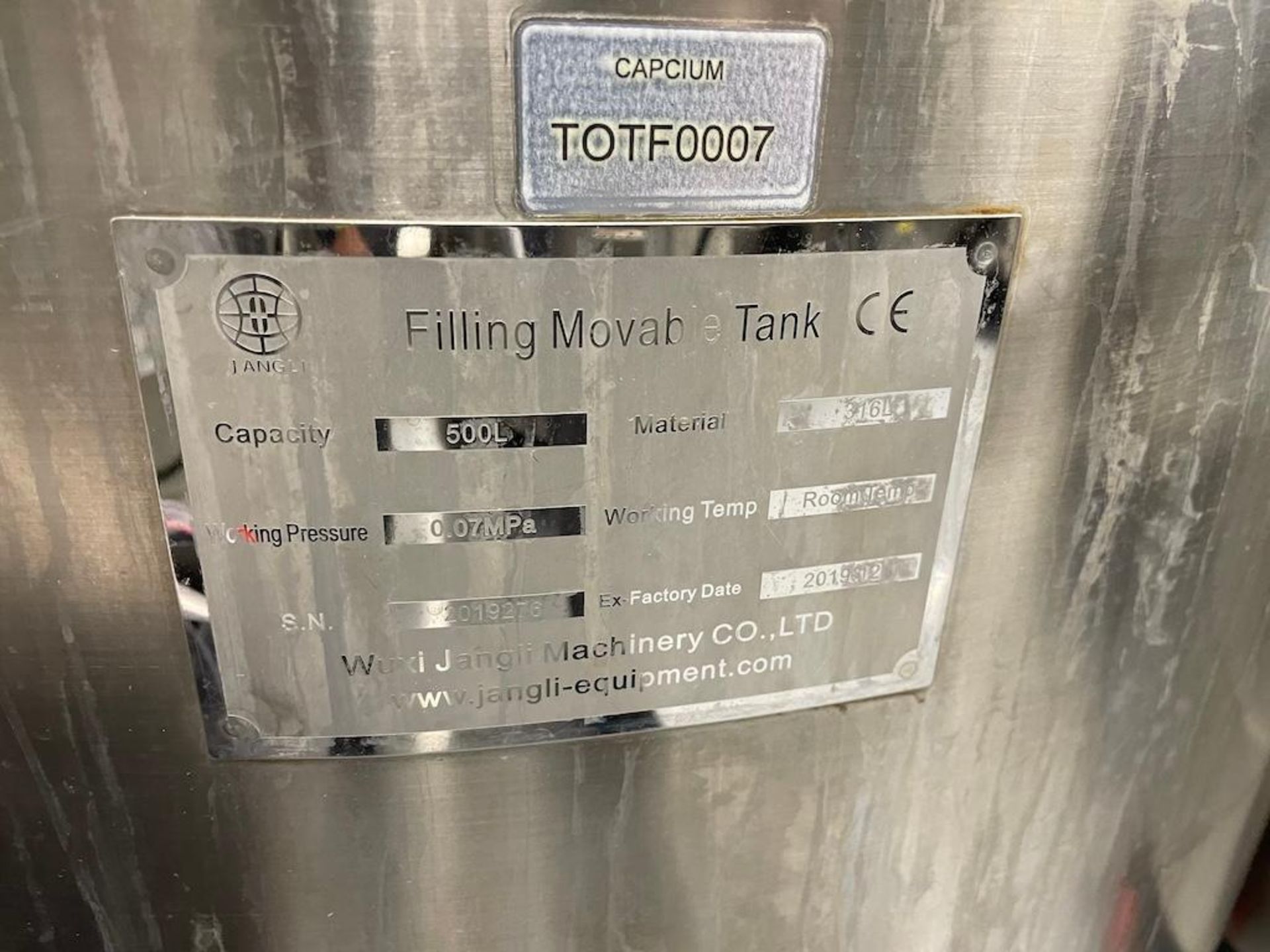 2019 GELATIN SERVICE TANK, PORTABLE, 500L CAPACITY, 316L STAINLESS ...