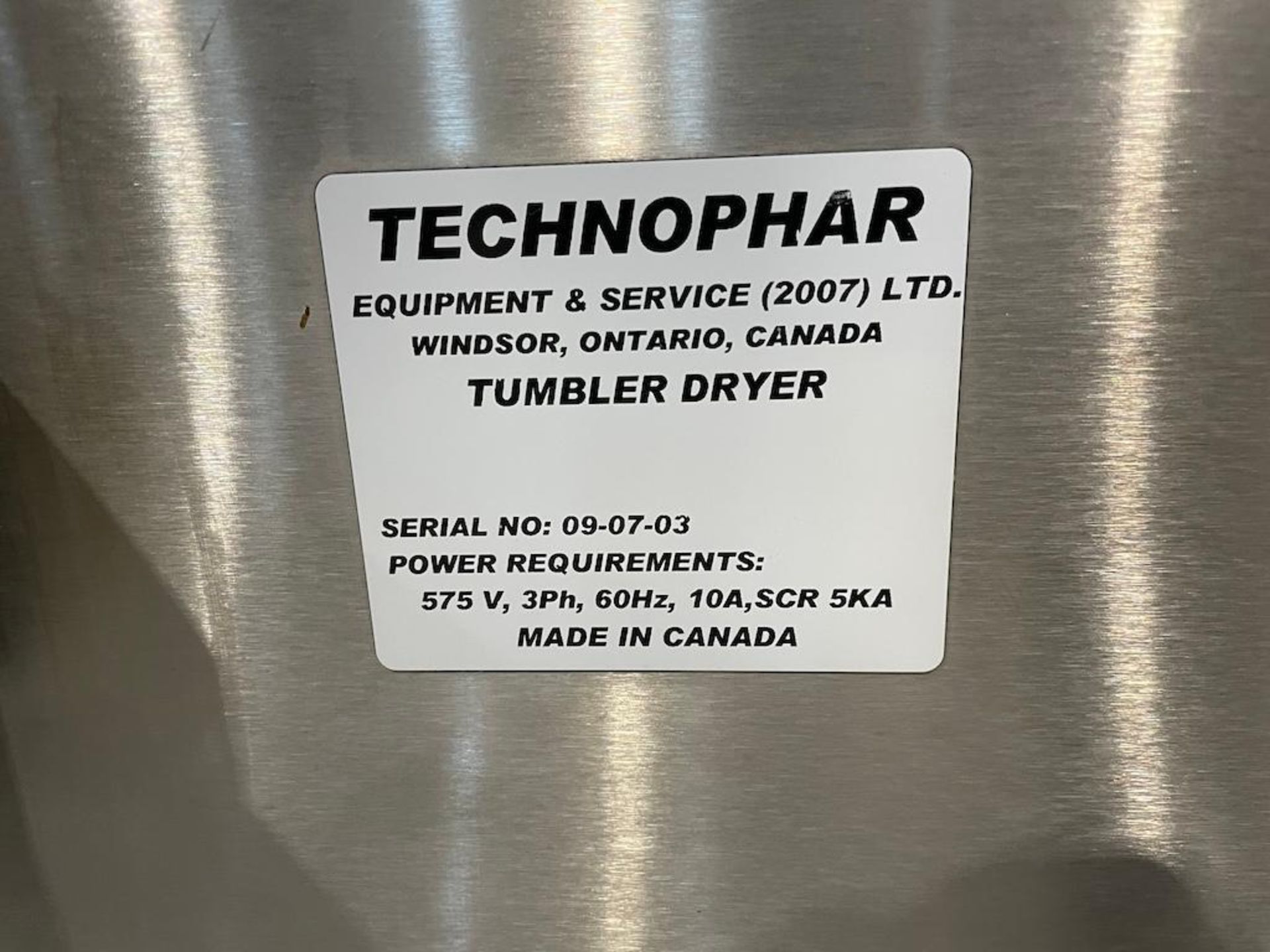 INCLUDES TECHNOPHAR 8 FT X 20 IN ROTARY TUMBLER DRYER, SN 09-07-03, NOT ...