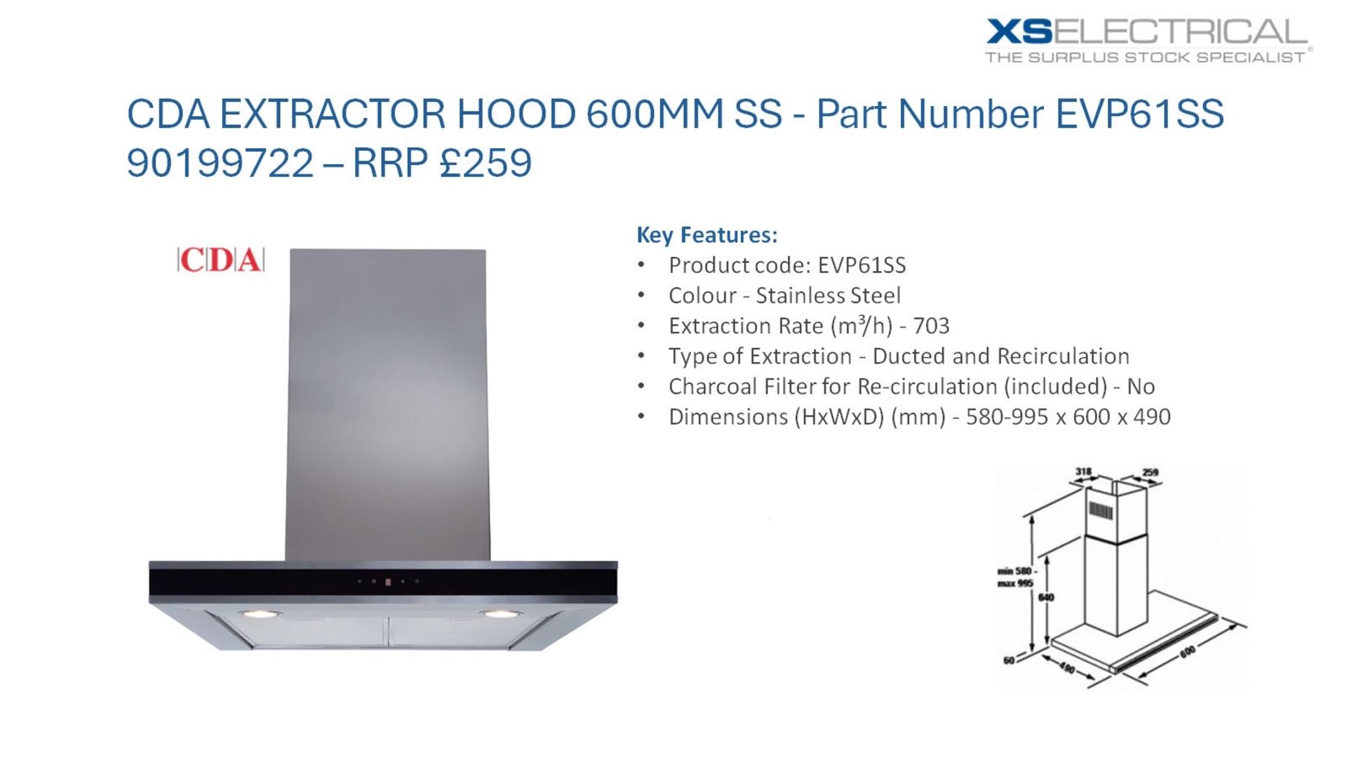 CDA Extractor Hood 600mm Stainless Steel Part Number EVP61SS RRP £259