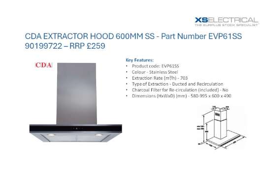 CDA Extractor Hood 600mm Stainless Steel Part Number EVP61SS RRP £259