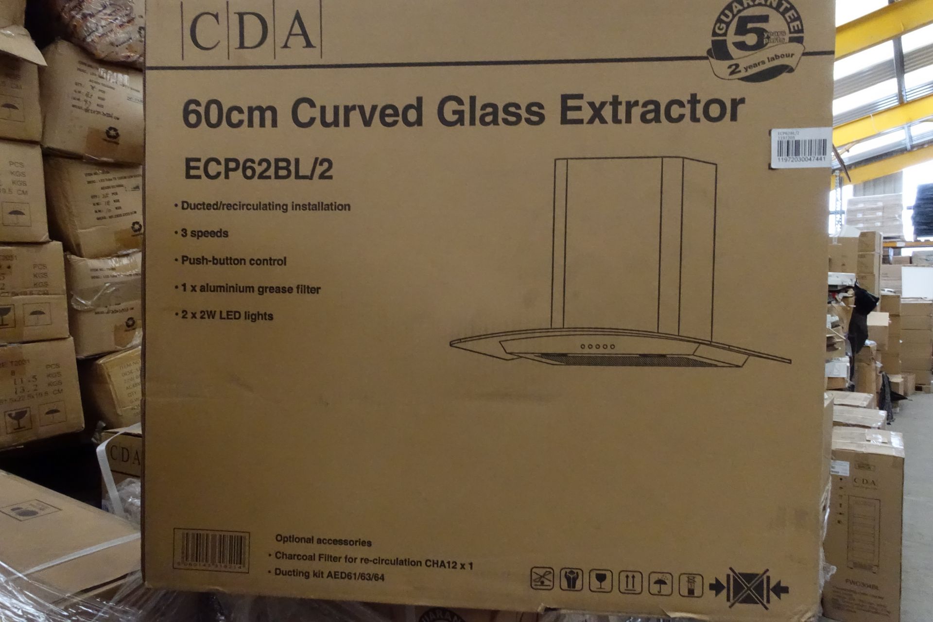 1 x CDA 600MM CURVED GLASS EXTRACTOR HOOD BLACK ECP62BL 90195879