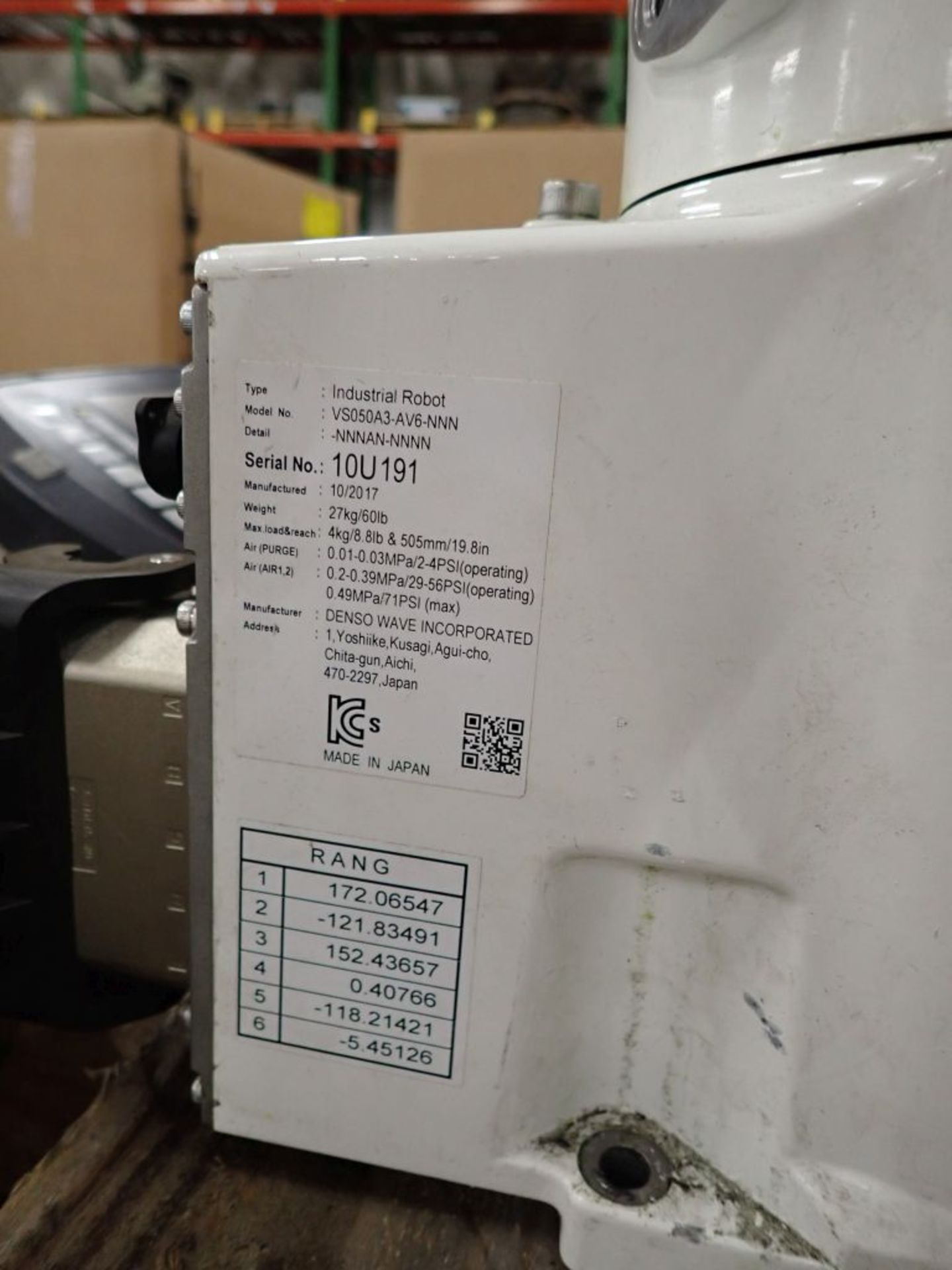 (1) Denso Industrial Robot, Model: VS050A3-AV6-NNN, Weight: 27 kg/60 lb ...