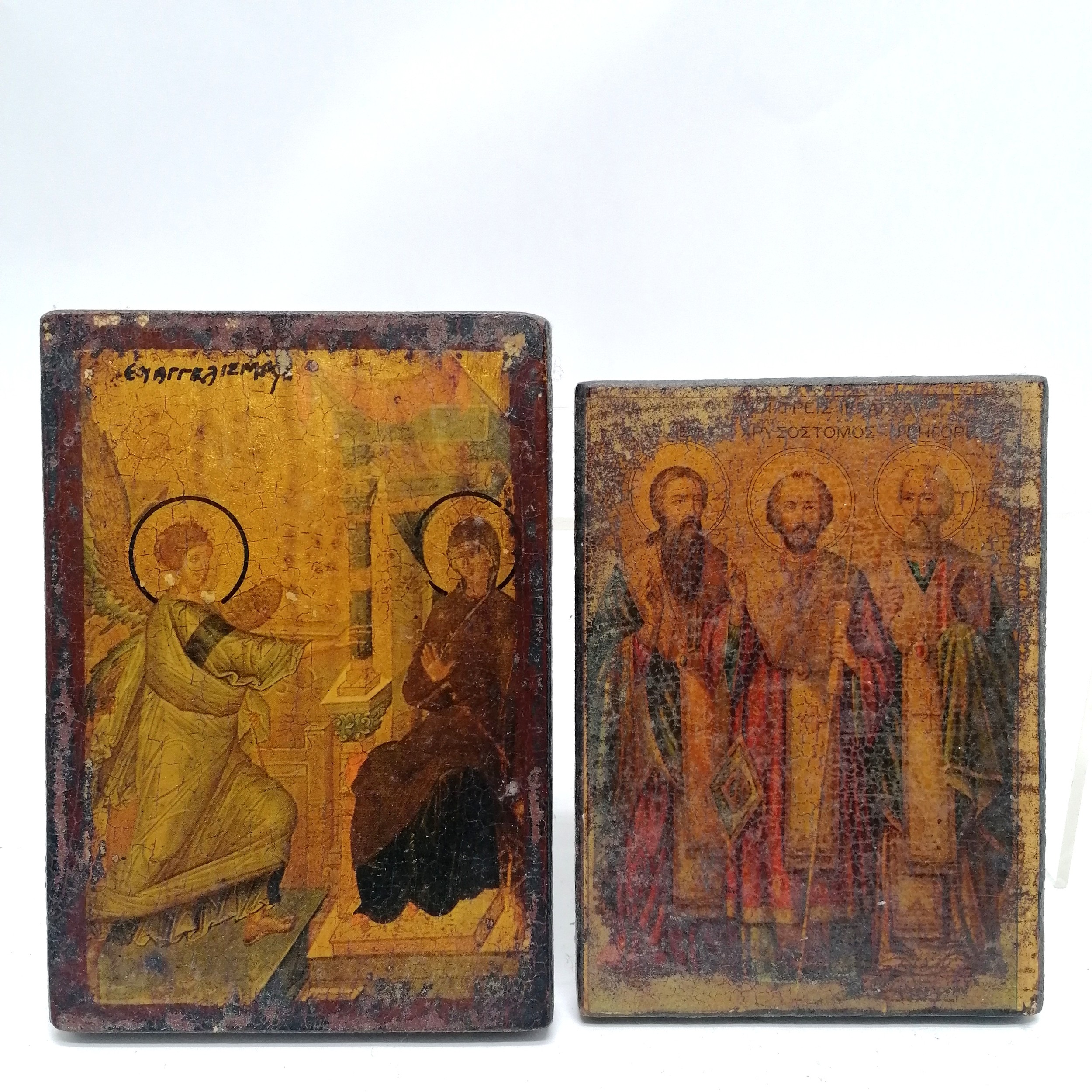 2 small Greek icons on wooden panels largest 15cm x 10.5cm