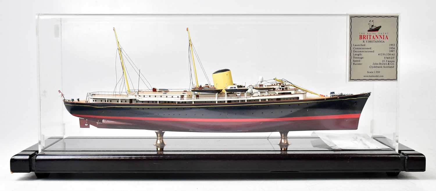 HSD MODEL; a 1:350 scale model of the Royal Yacht Britannia, on a black ...