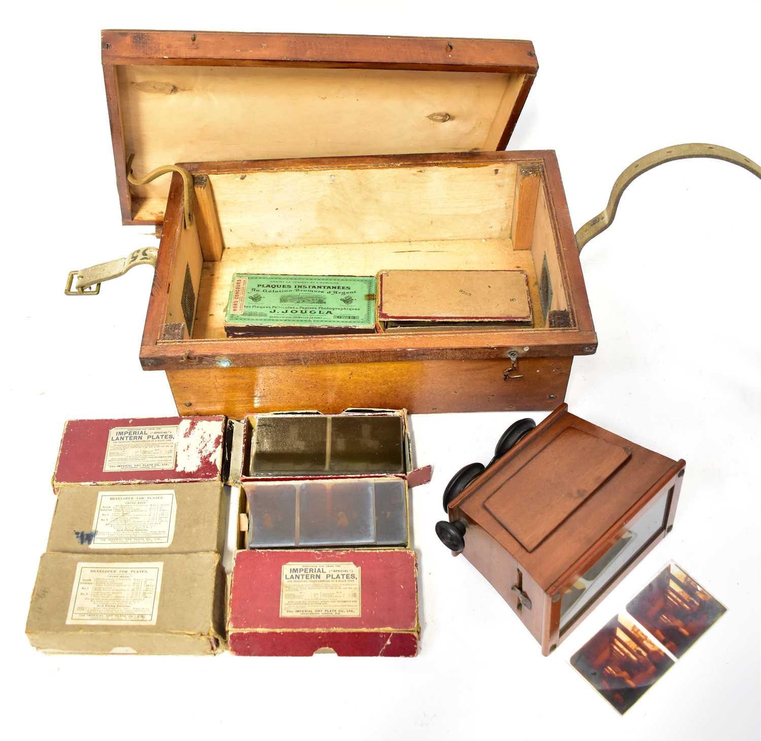 A Victorian mahogany magic lantern slide viewer and a quantity of boxed ...