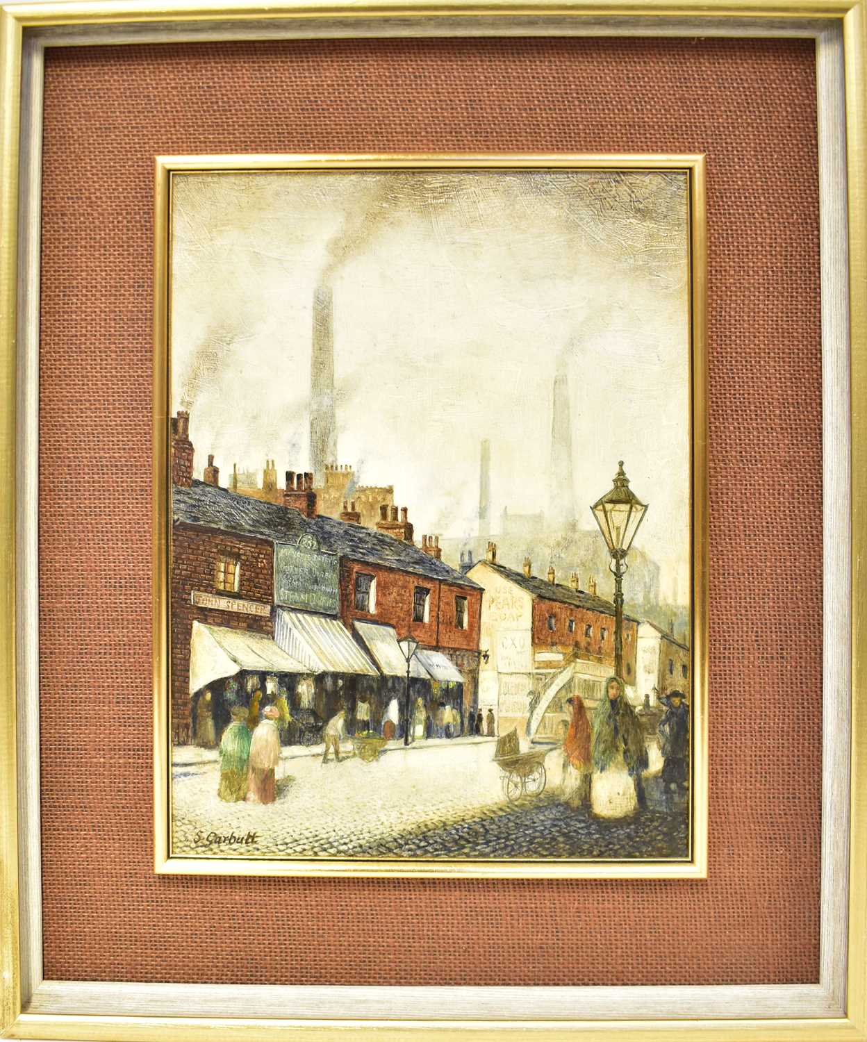 STEPHEN GARBUTT (British, 20th century); acrylic on board, street scene ...