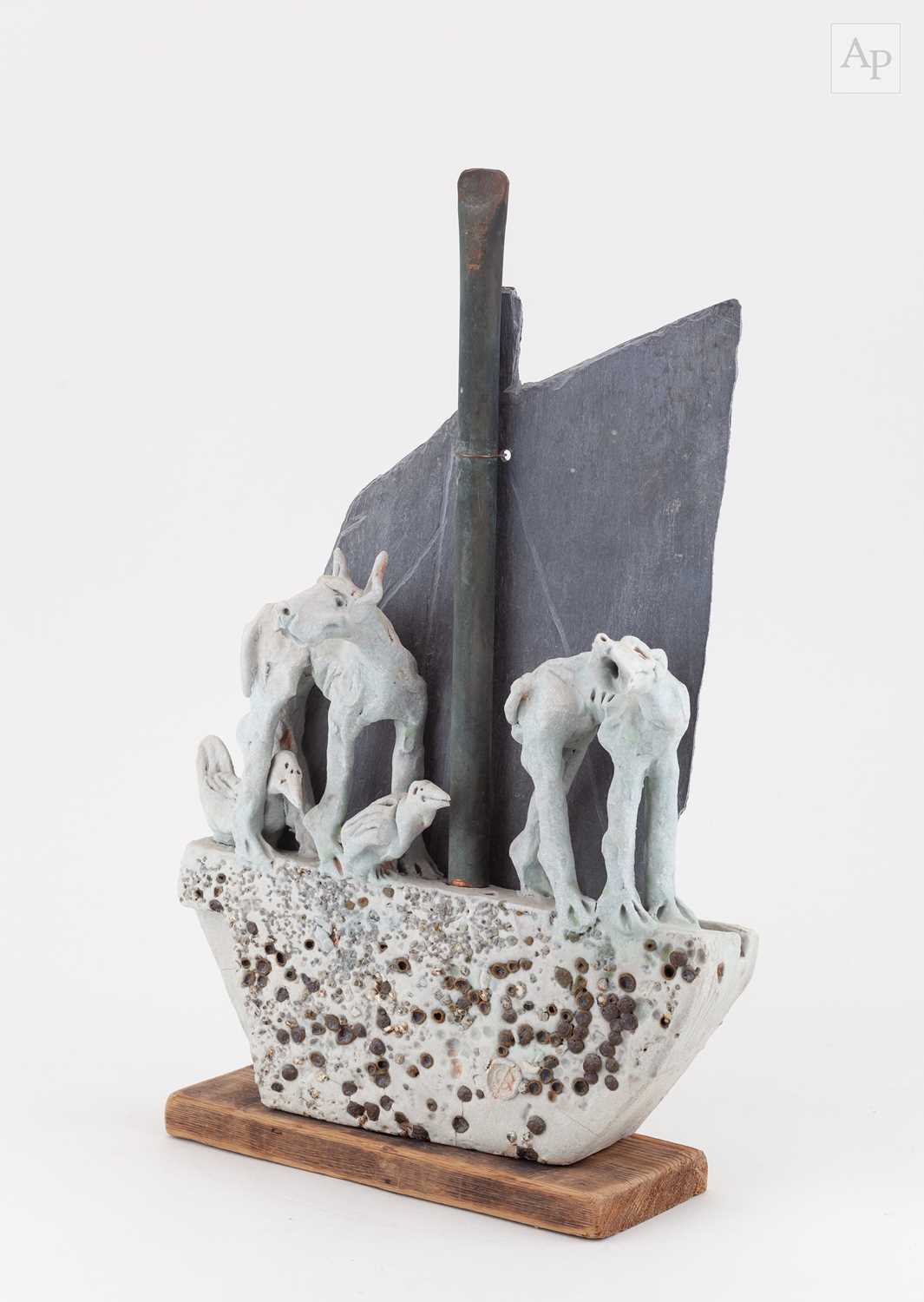 IAN GREGORY (1942-2021); a mixed media sculpture of dogs and birds on a ...