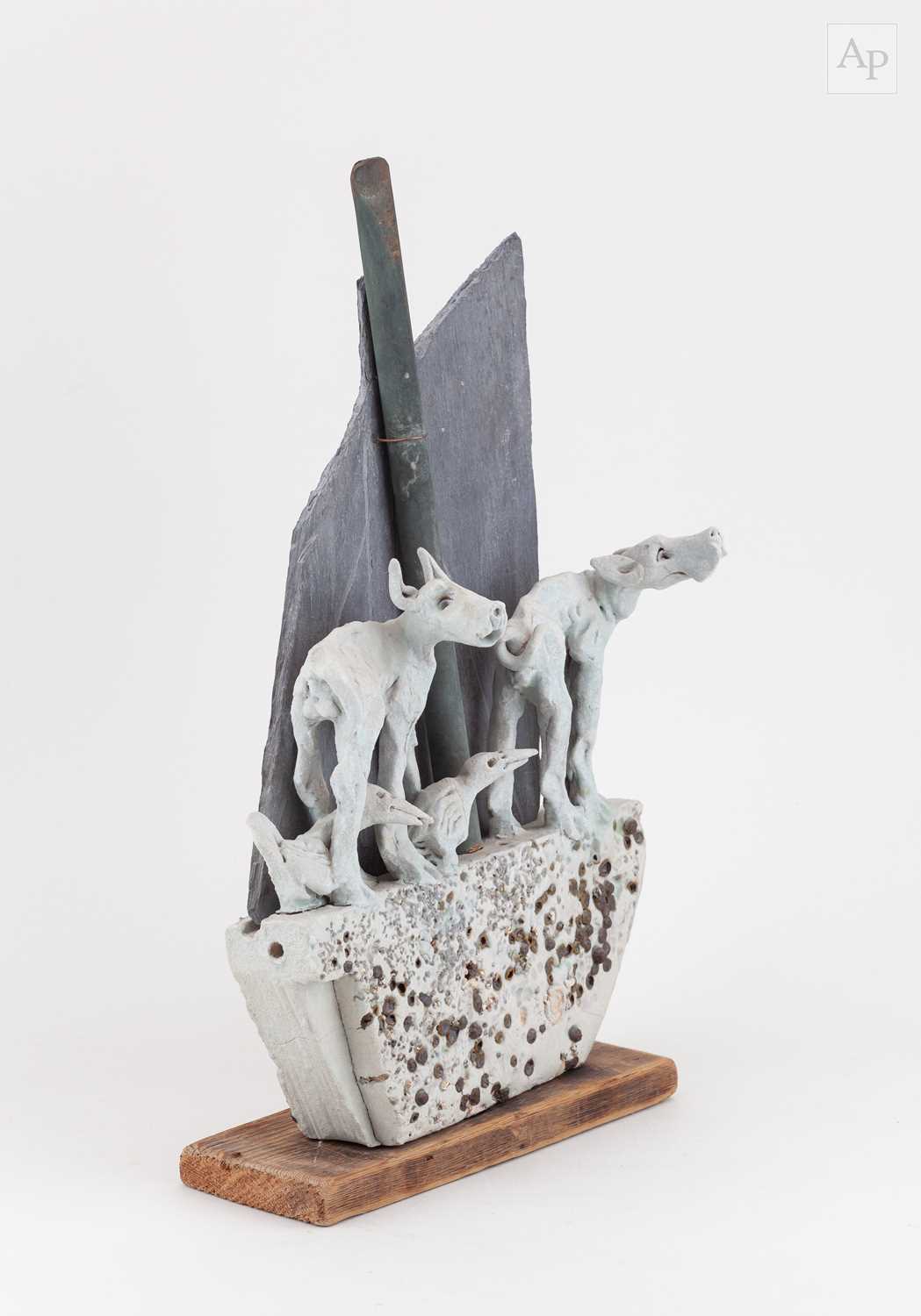 IAN GREGORY (1942-2021); a mixed media sculpture of dogs and birds on a ...