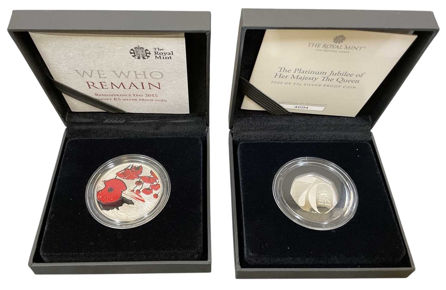 THE ROYAL MINT; six silver commemorative coins, comprising a 2015 UK £5 ...