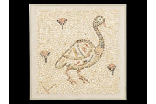 An ancient Roman Byzantine mosaic tile representing a bird with a lotus ...