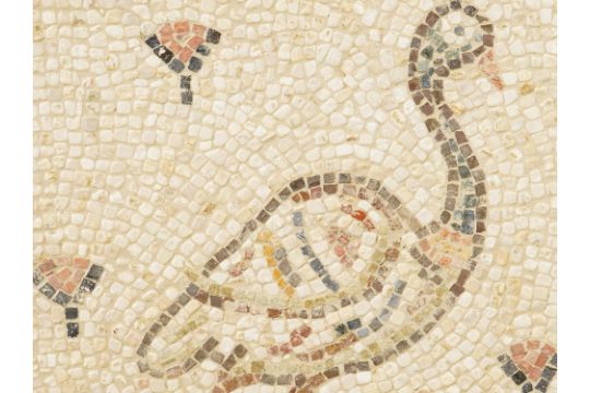 An ancient Roman Byzantine mosaic tile representing a bird with a lotus ...