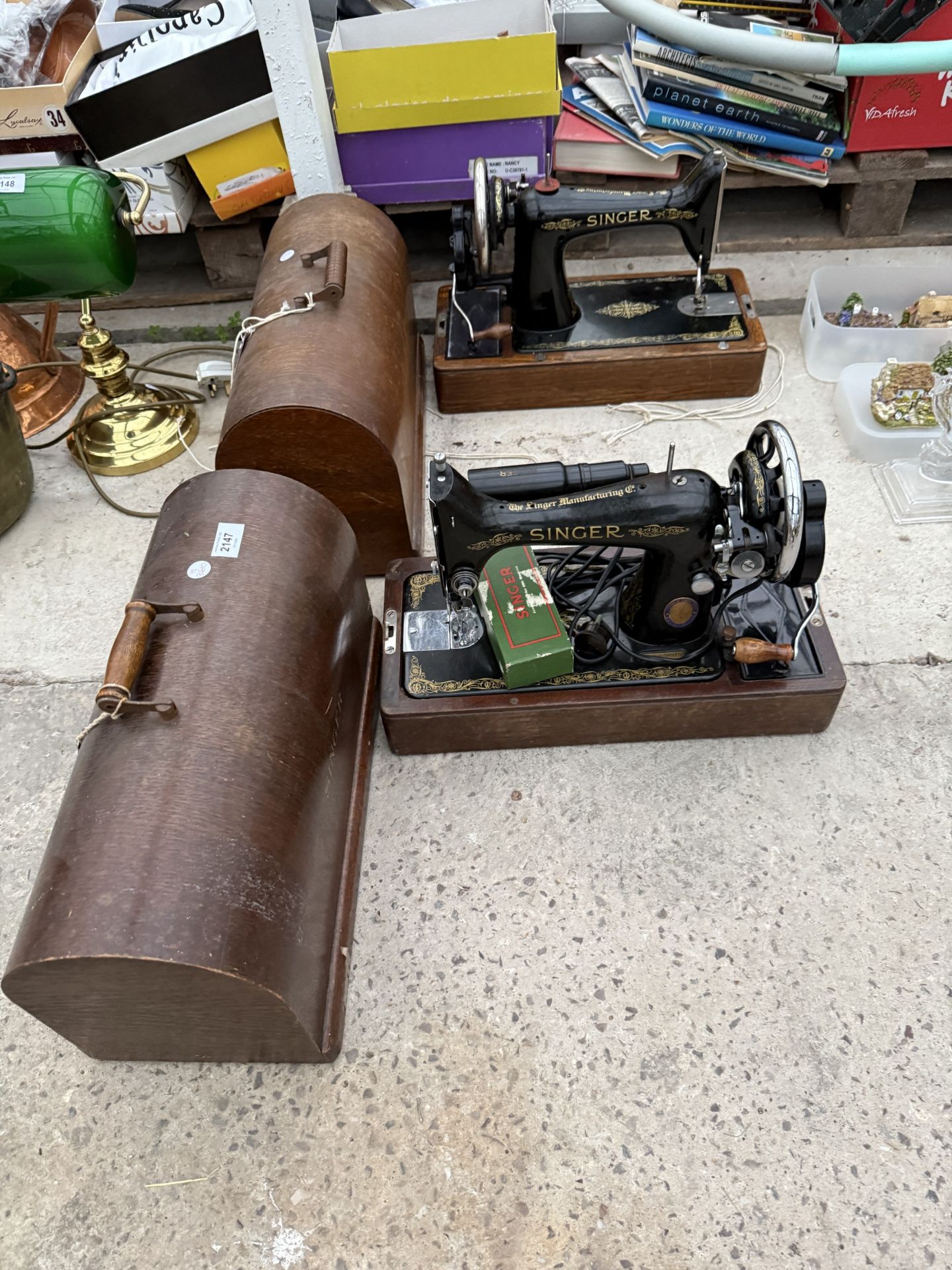 TWO VINTAGE SINGER SEWING MACHINES WITH WOODEN CARRY CASES