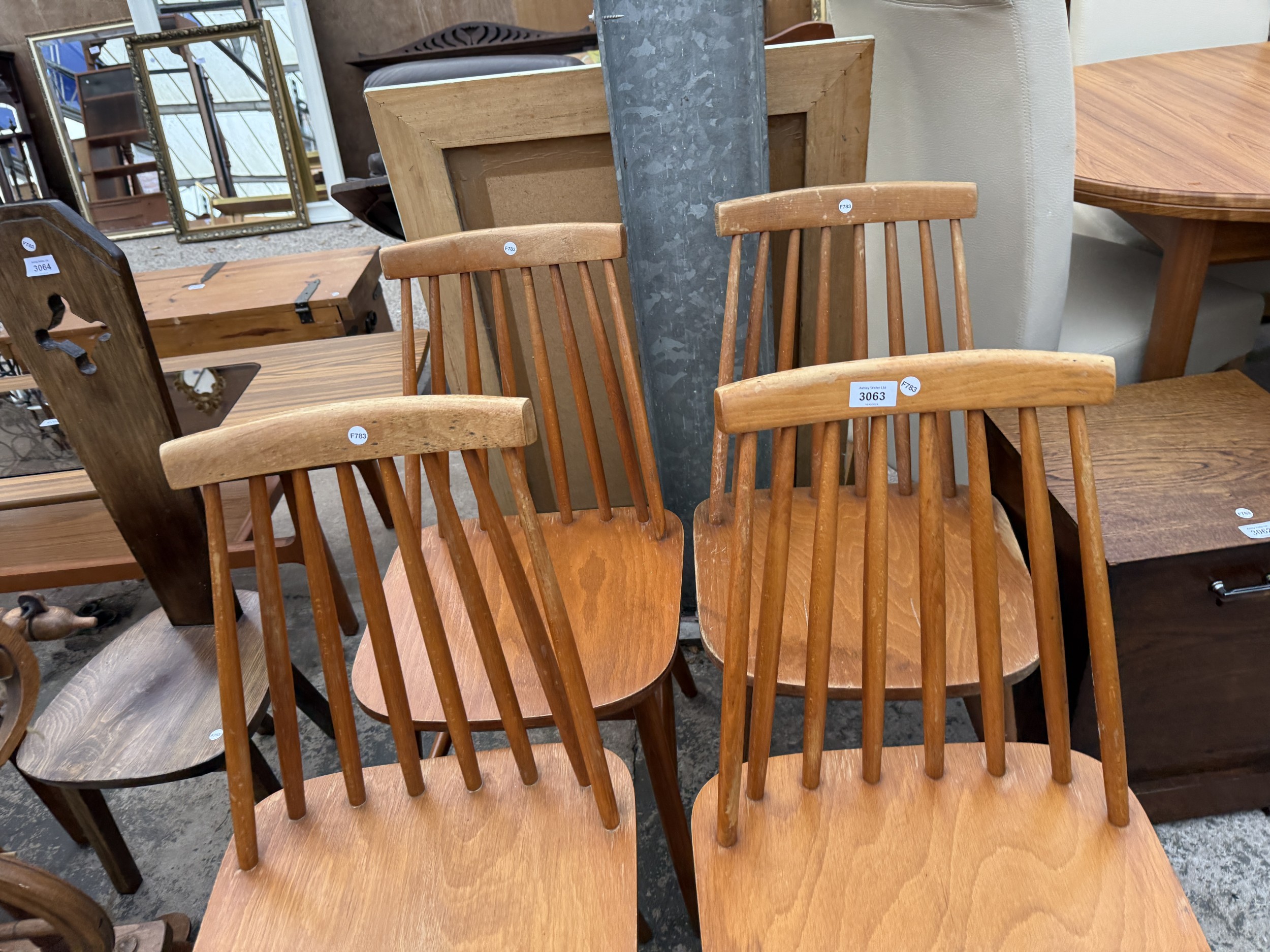 FOUR ERCOL STYLE STICK BACK DINING CHAIRS