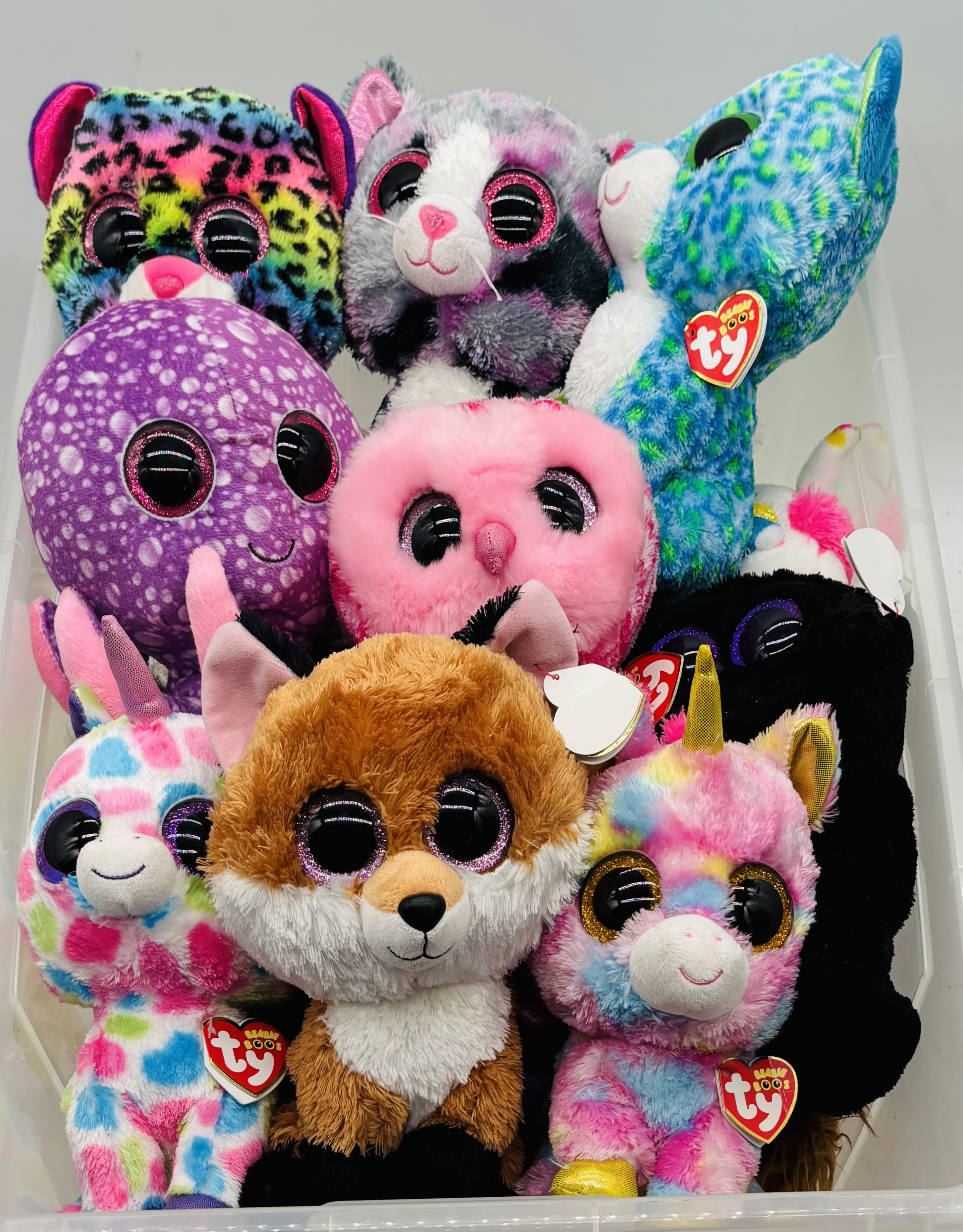 A collection of larger Ty Beanie Boos soft toys, all in the form of ...