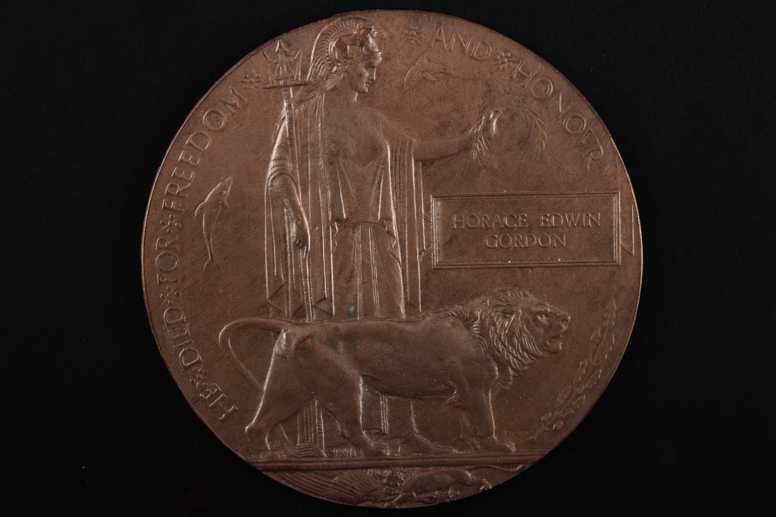 A Great War Memorial Plaque to Horace Edwin Gordon, in card envelope.
