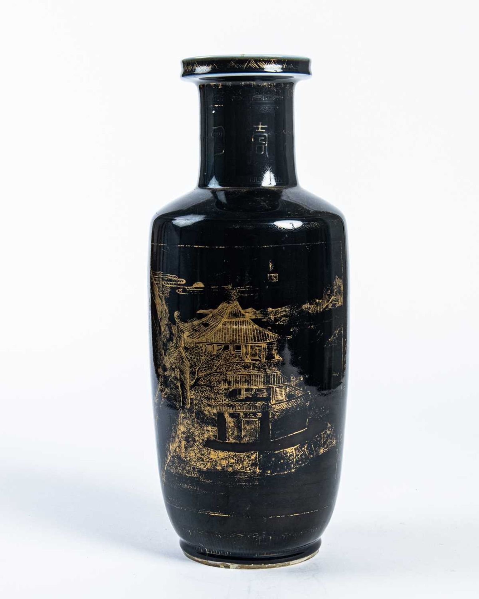 A Black-Ground Gold-Decorated 'Teng Wang Ge' Rouleau Porcelain Vase ...
