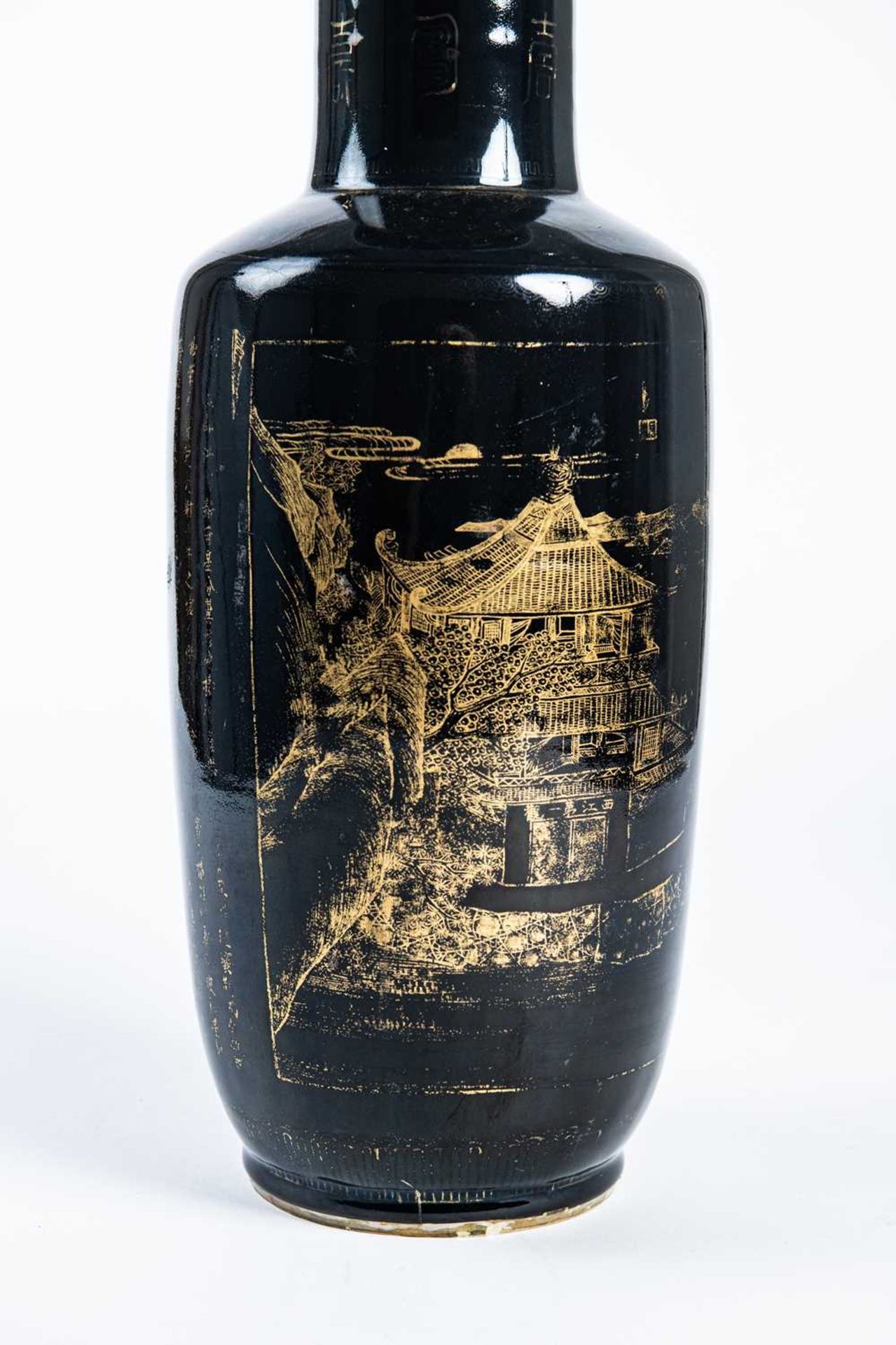 A Black-Ground Gold-Decorated 'Teng Wang Ge' Rouleau Porcelain Vase ...