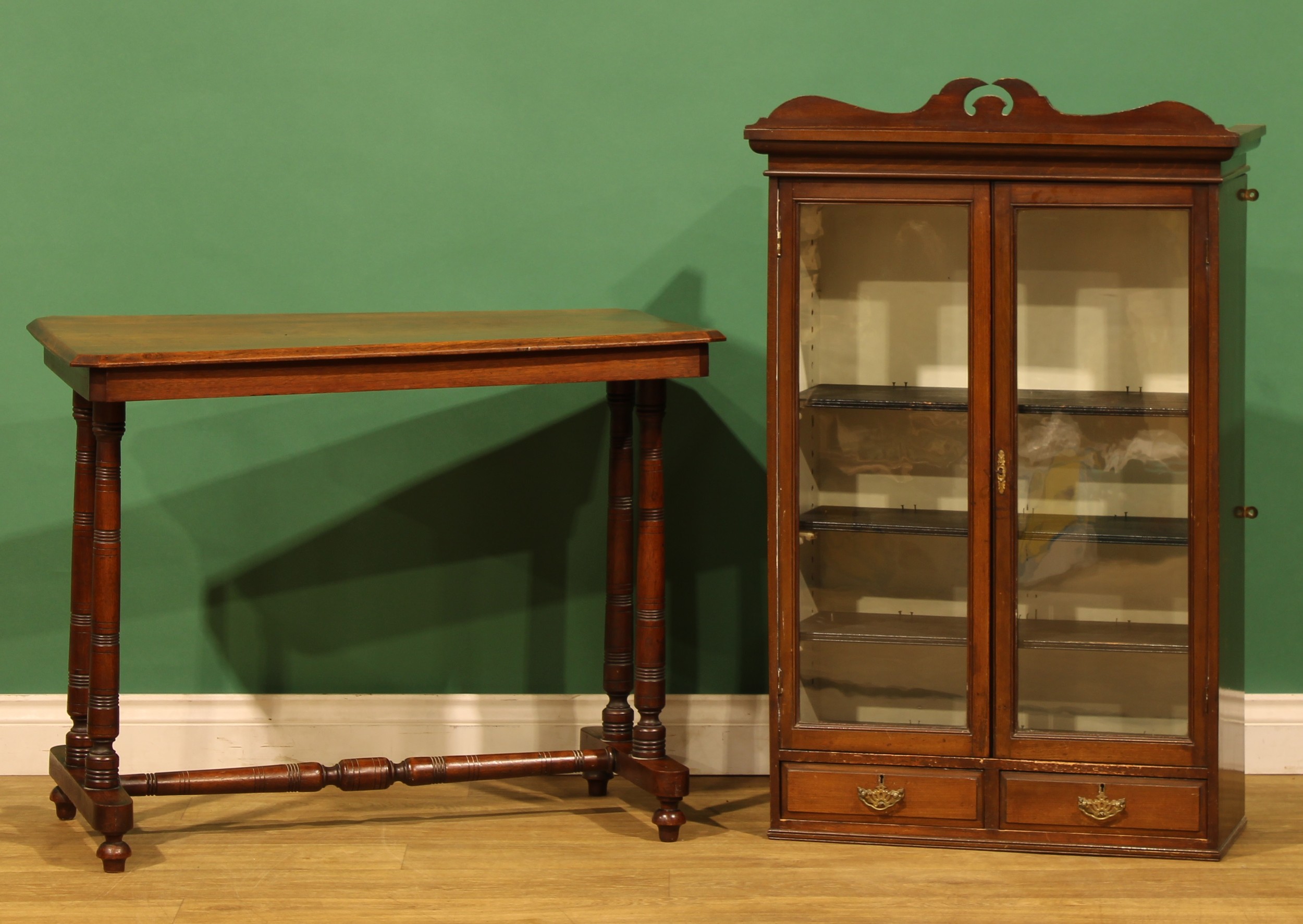 A Victorian walnut stretcher table, c.1880; a Victorian collector’s ...