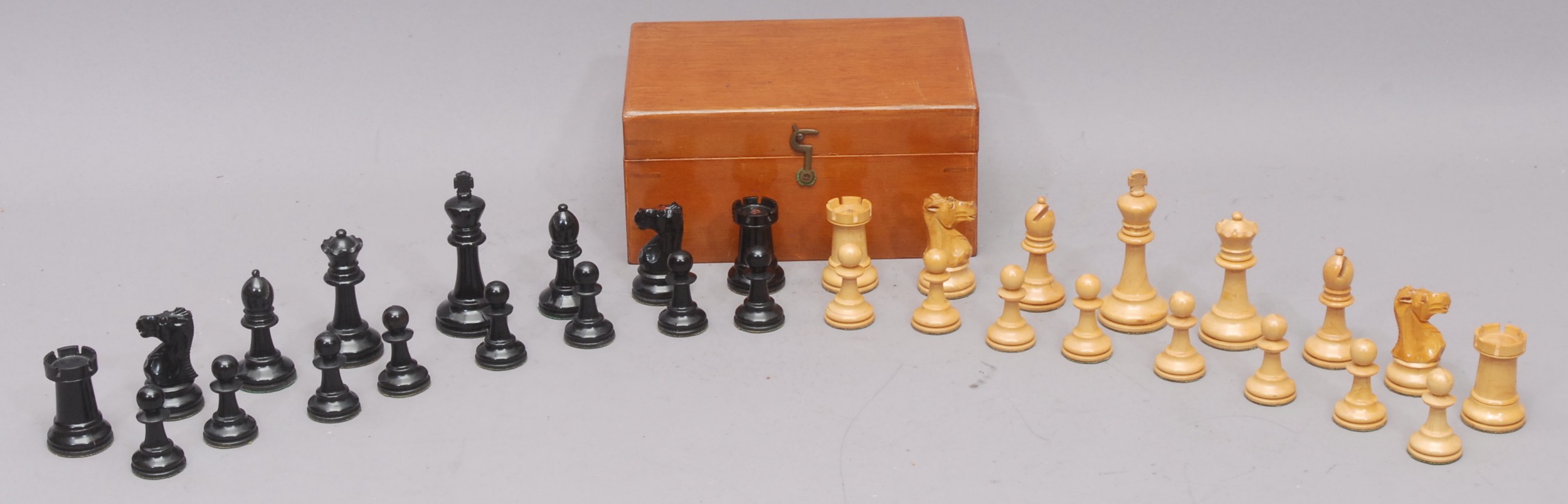 A boxwood and ebonised Staunton pattern chess set, possibly Jaques ...