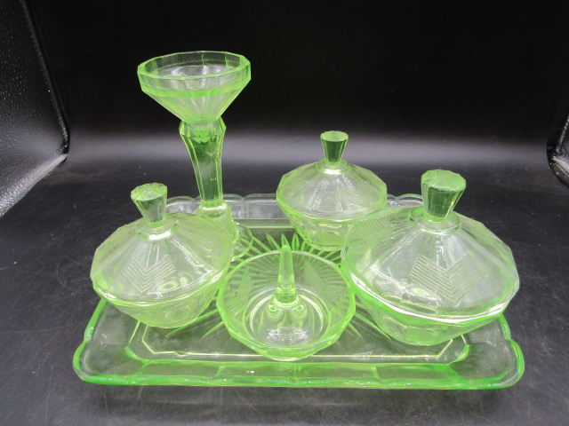 vintage green glass dressing table set