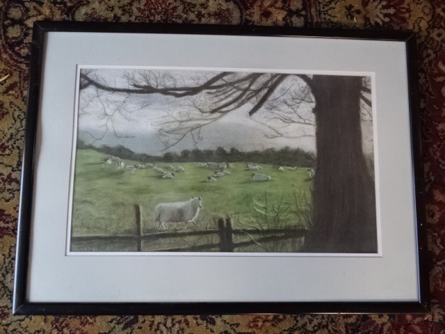 Sally Perry signed watercolour of sheep, framed and glazed 48cm x 67cm ...