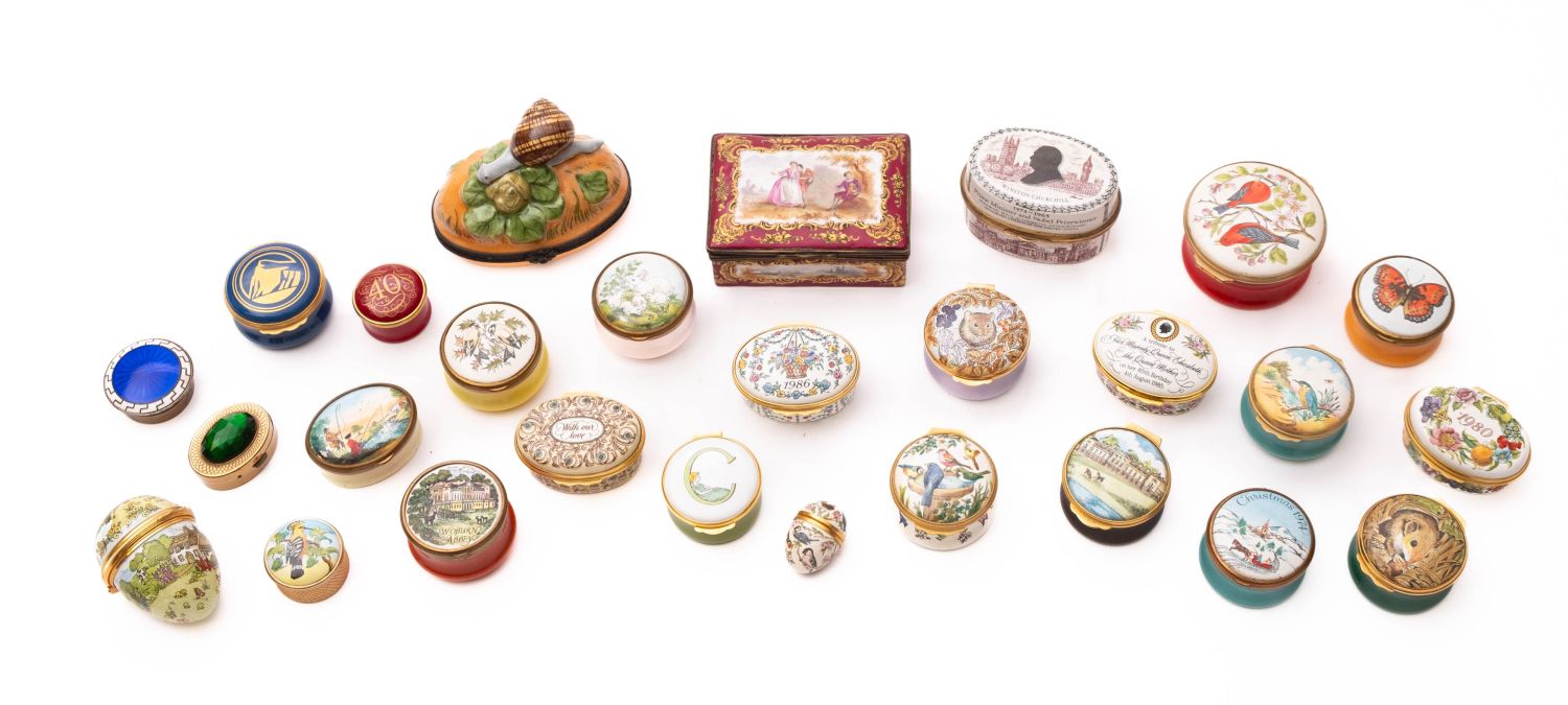 A collection of twenty-seven enamel and other boxes, mostly modern and ...