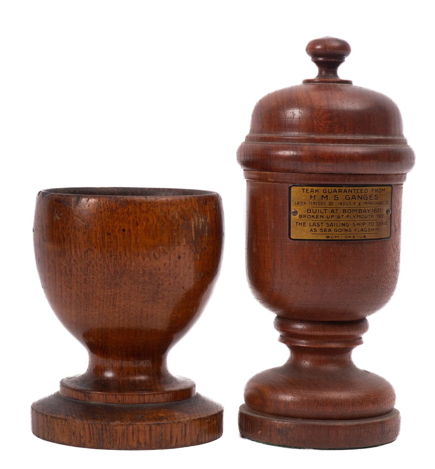 A treen oak goblet made out of timber from HMS Dolphin, 10.8 cm x 8.2 ...
