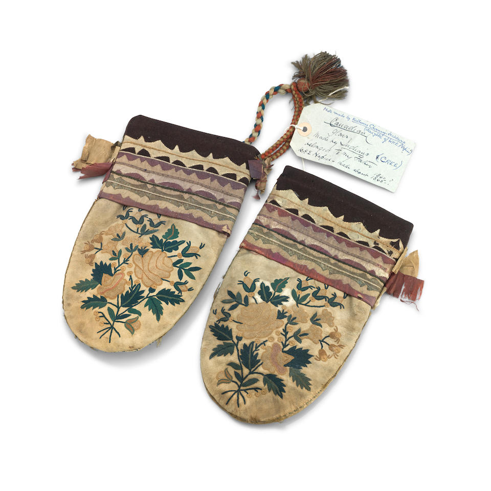 A pair of Native American Cree gloves or mittens, 19th century Of felt ...
