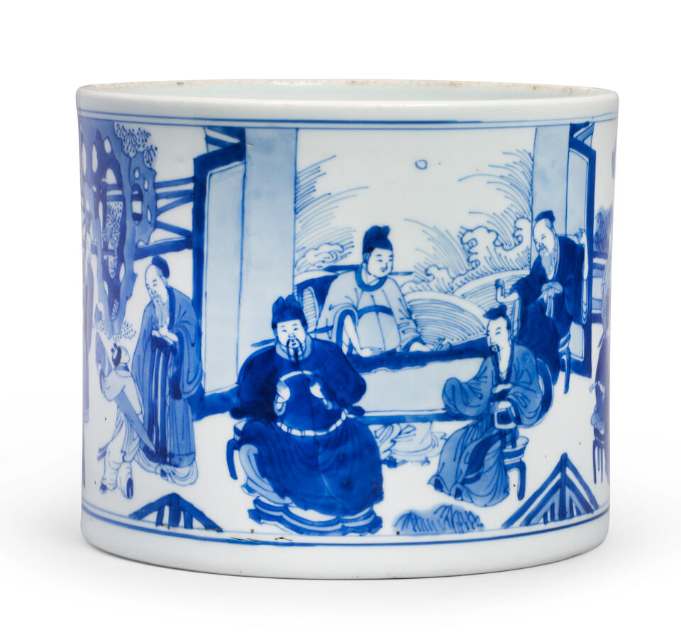 A BLUE AND WHITE 'EIGHTEEN SCHOLARS' BRUSHPOT, BITONG Kangxi The ...