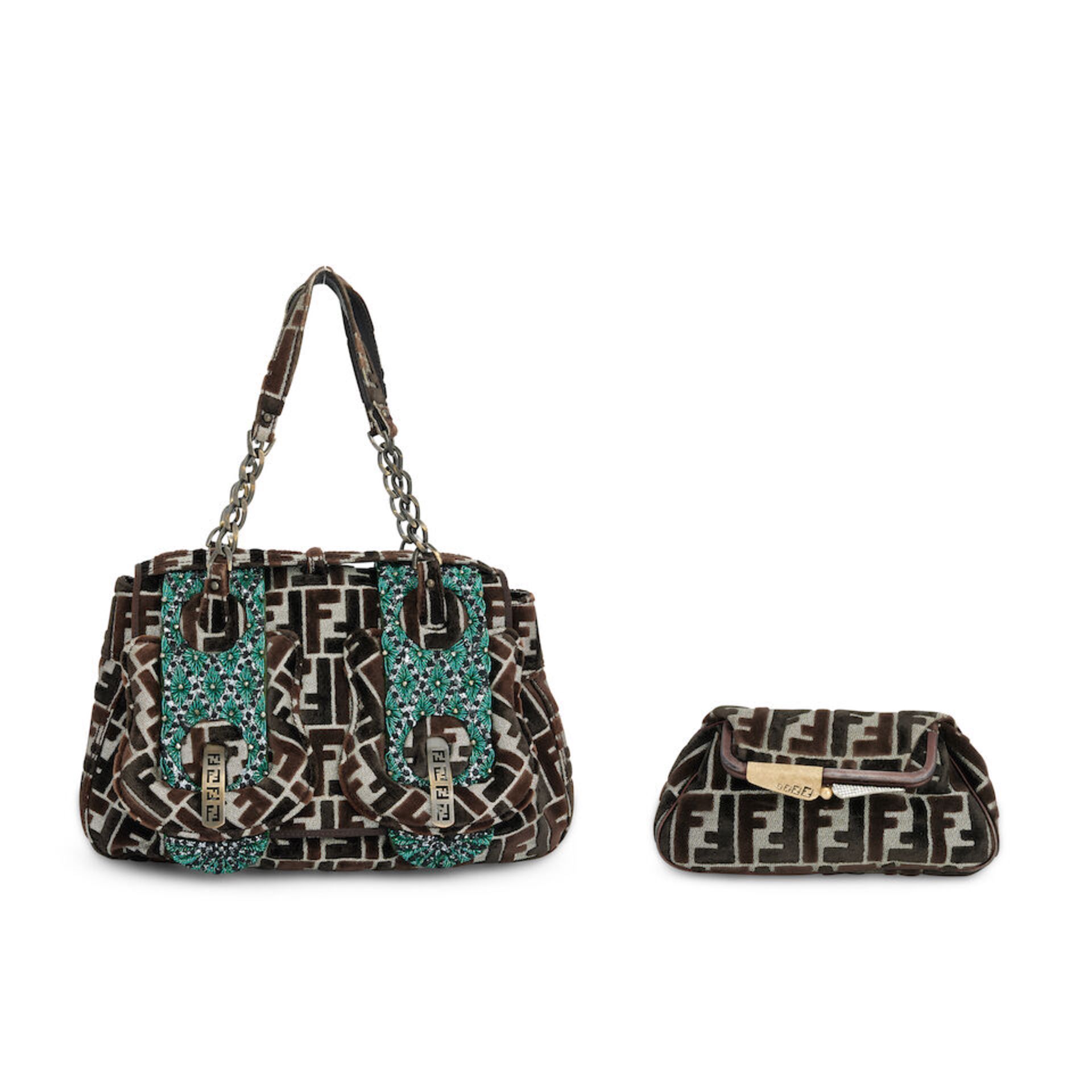 Fendi: an Embellished FF Velvet B Bag and Folded Clutch 2000s Creative ...