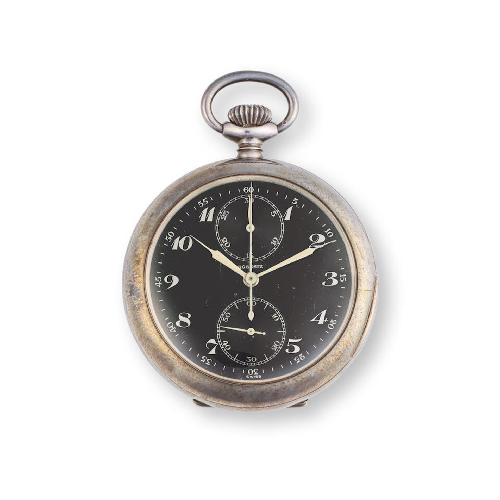 Agassiz. A silver keyless wind open face chronograph pocket watch ...