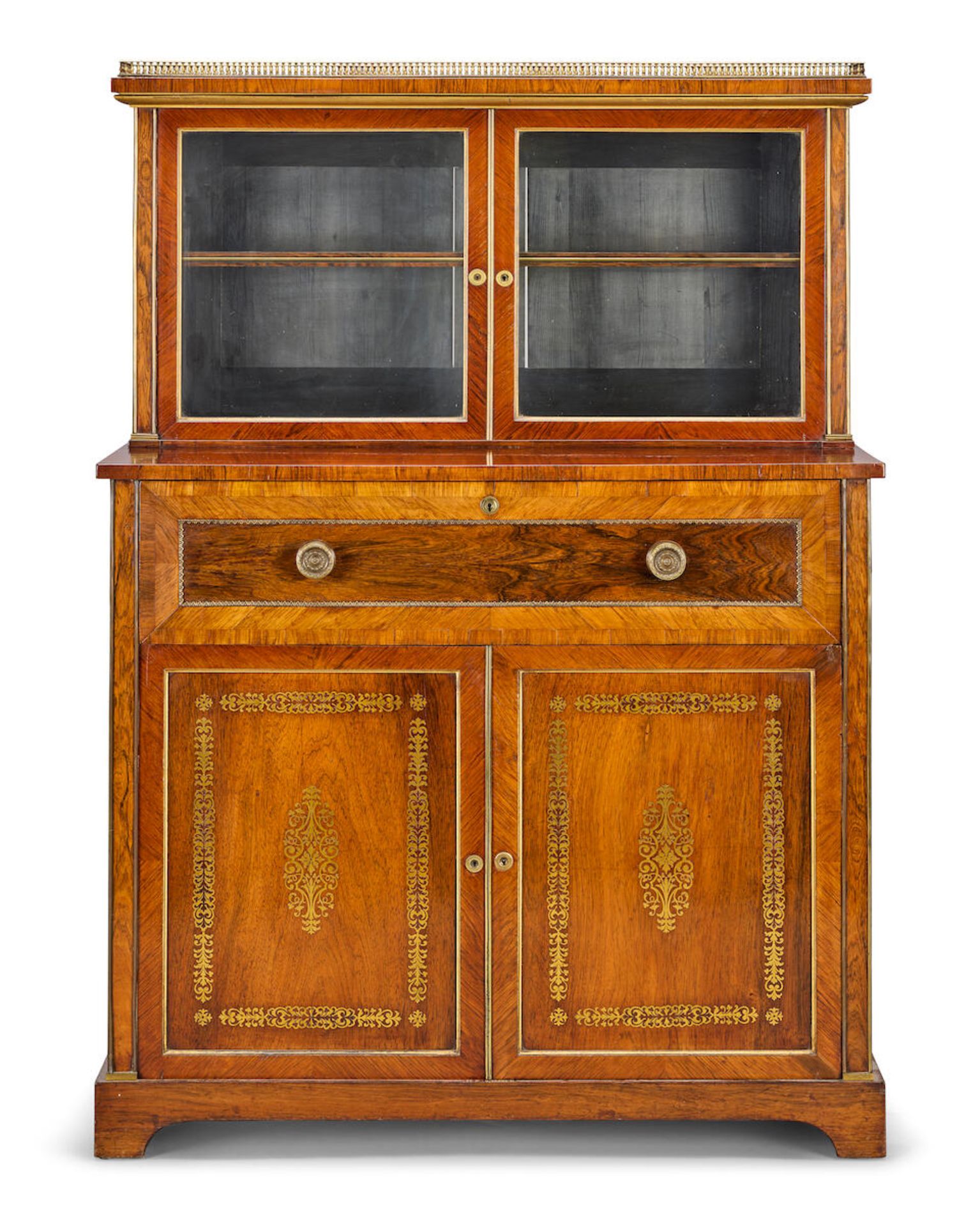 A Regency rosewood and cut-brass inlaid secretaire cabinet End of the ...