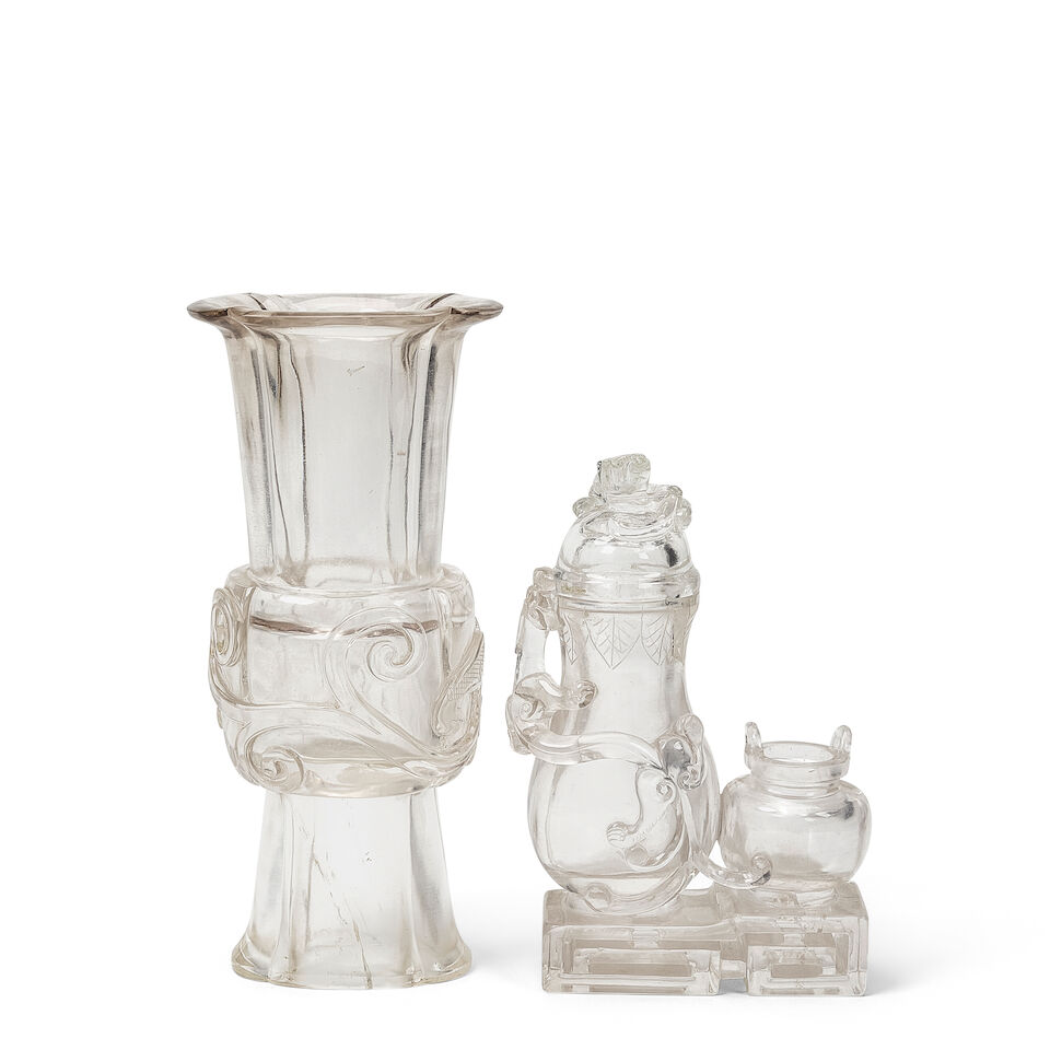 TWO CHINESE ROCK CRYSTAL VESSELS AND A BRUSH REST, TOGETHER WITH A ...