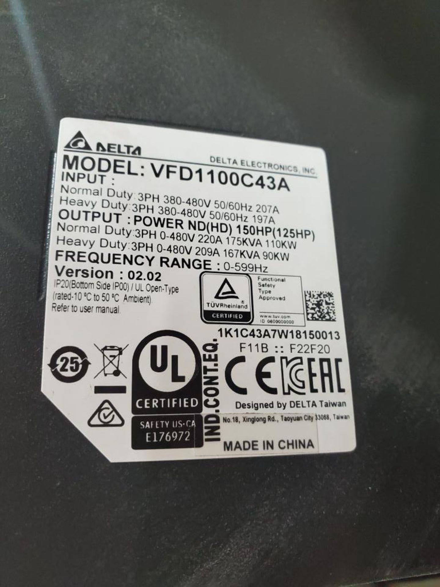 150hp Delta C2000 drive. Model VFD1100C43A.