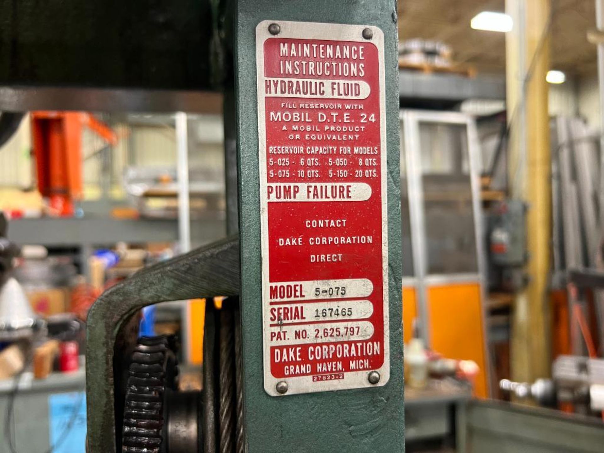 Dake Model 5-075 H-Frame Shop Press, S/N 167465, Electrohydraulic Model ...